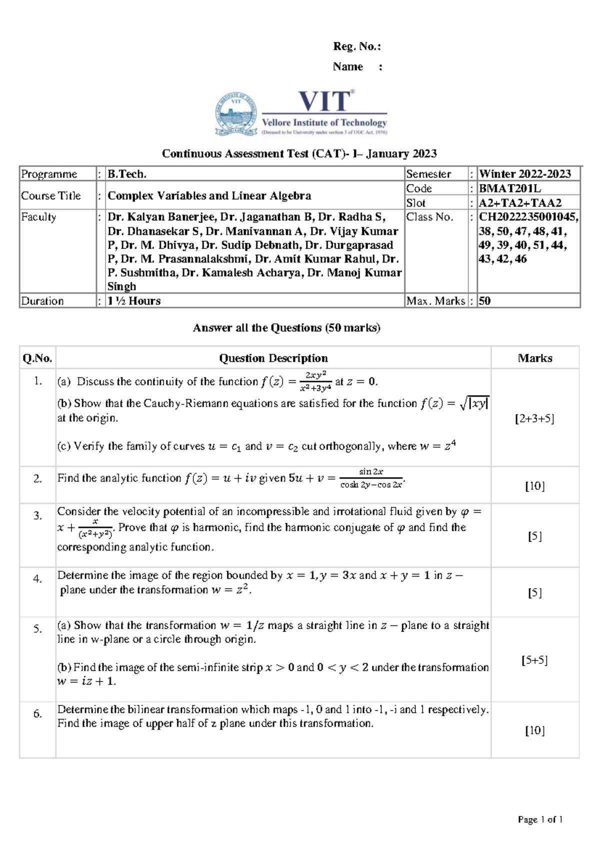 CAT-1 BMAT201L: Continuous Assessment Test on Complex Variables ...