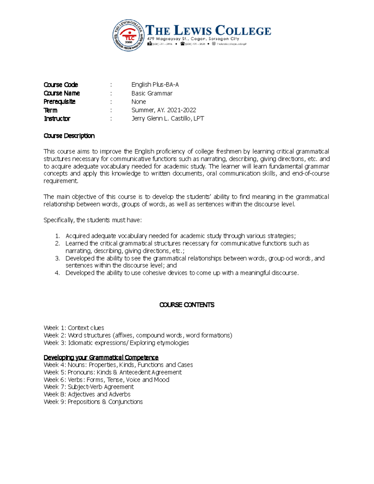 English Plus-BA-A: Basic Grammar Course Outline & Requirements - Studocu