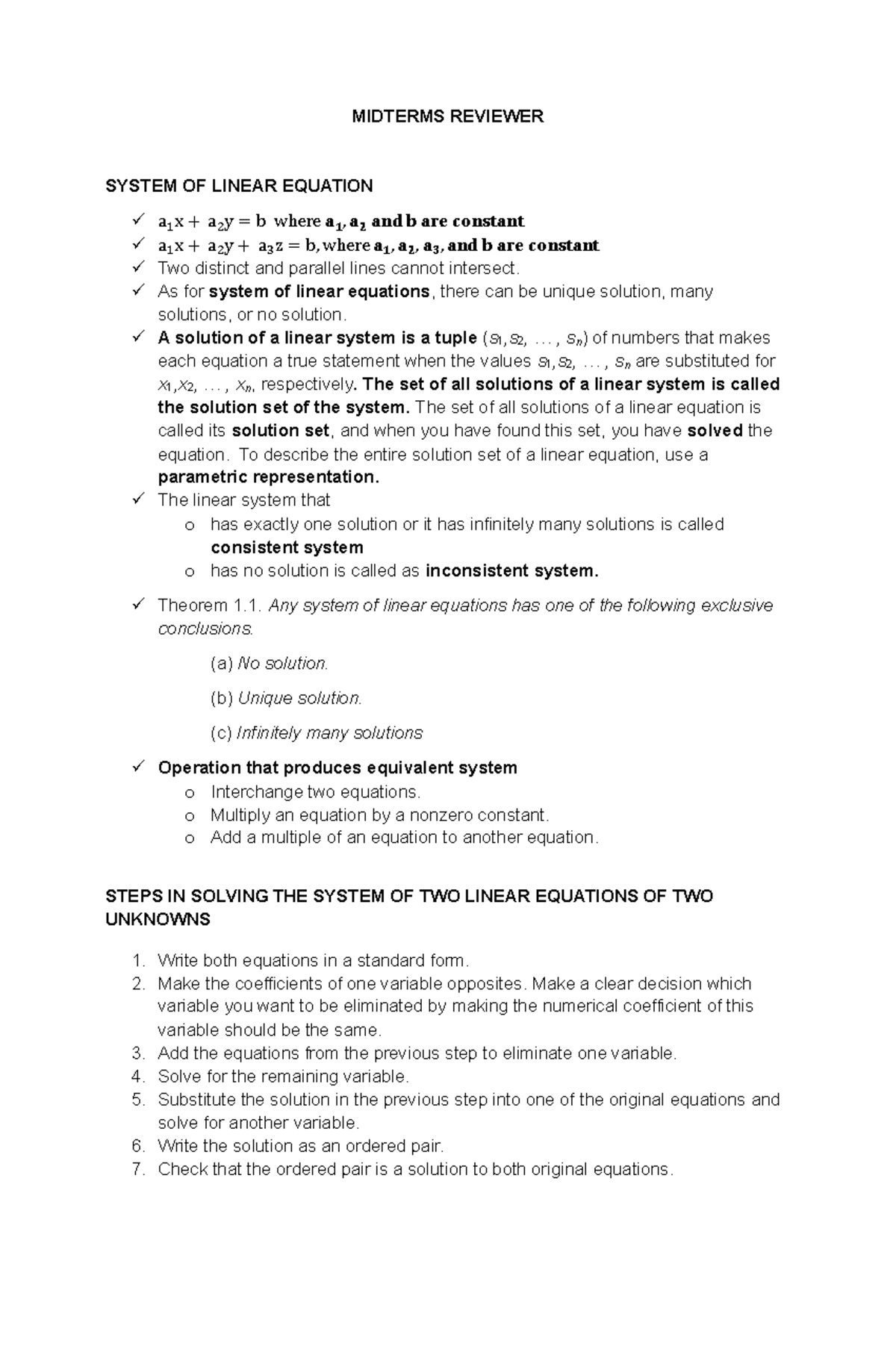 MIDTERMS REVIEWER: SYSTEM OF LINEAR EQUATIONS & MATRICES - Studocu