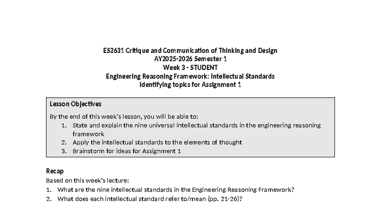 ES2631 Week 3 Tutorial: Engineering Reasoning & Intellectual Standards - Studocu
