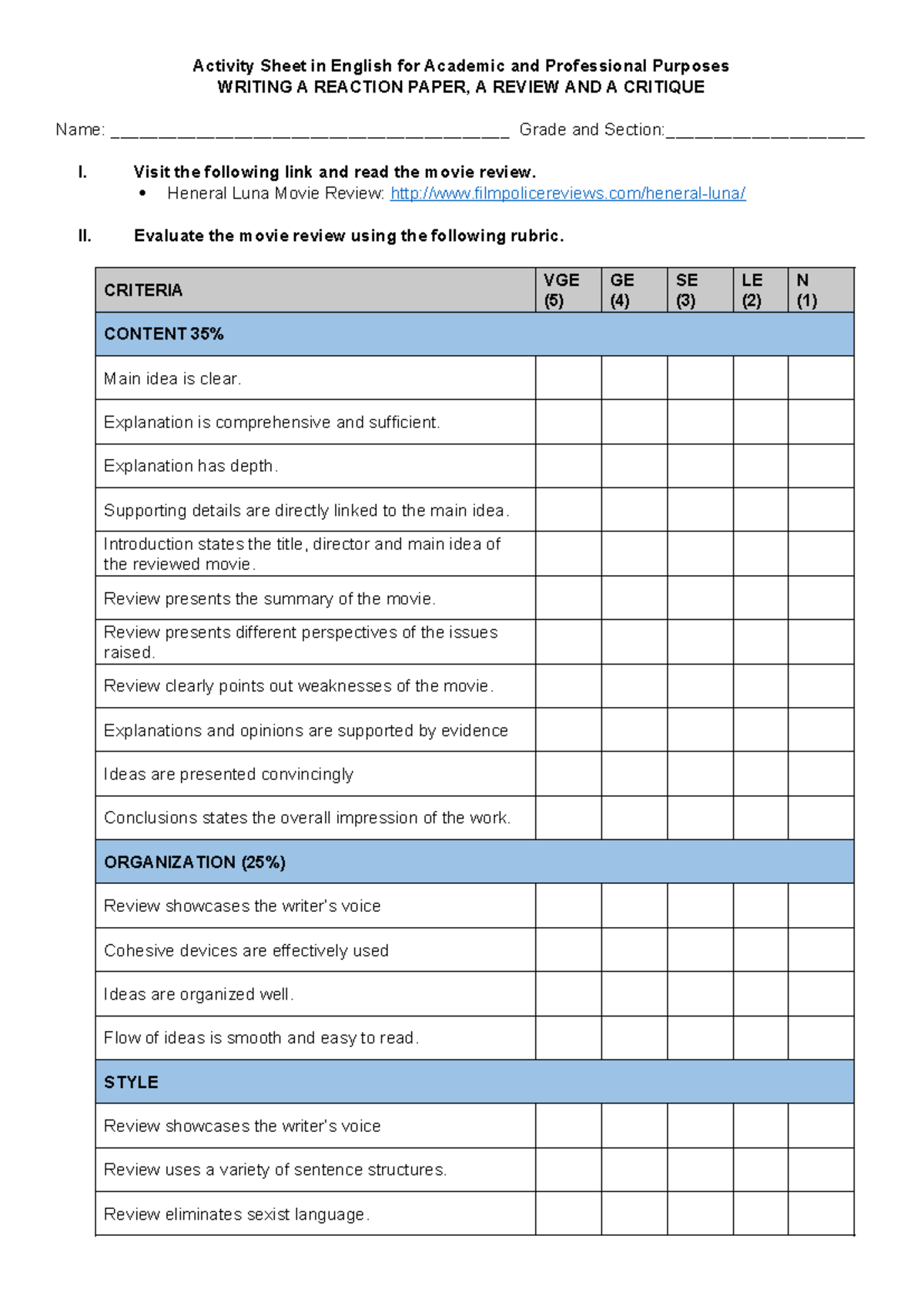 Activity Sheet: Writing a Reaction Paper & Movie Review Evaluation ...