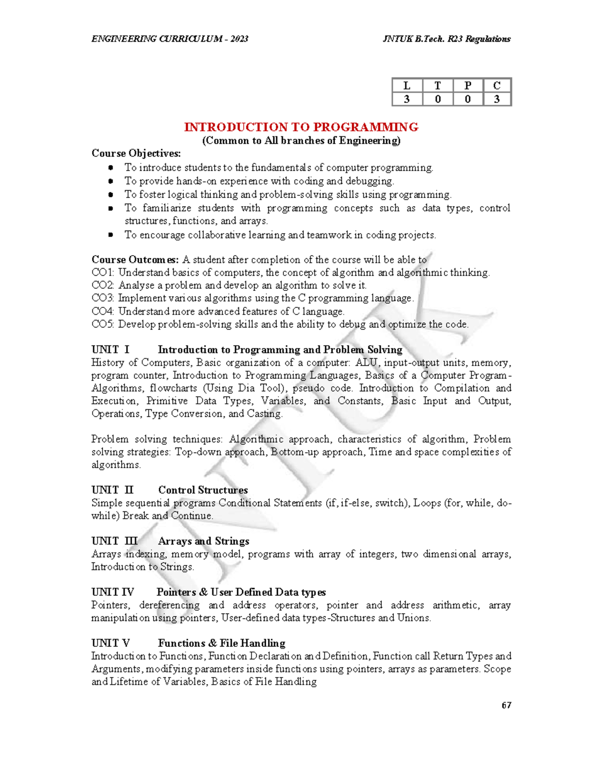 Introduction to Programming - JNTUK B.Tech R23 Curriculum - Studocu