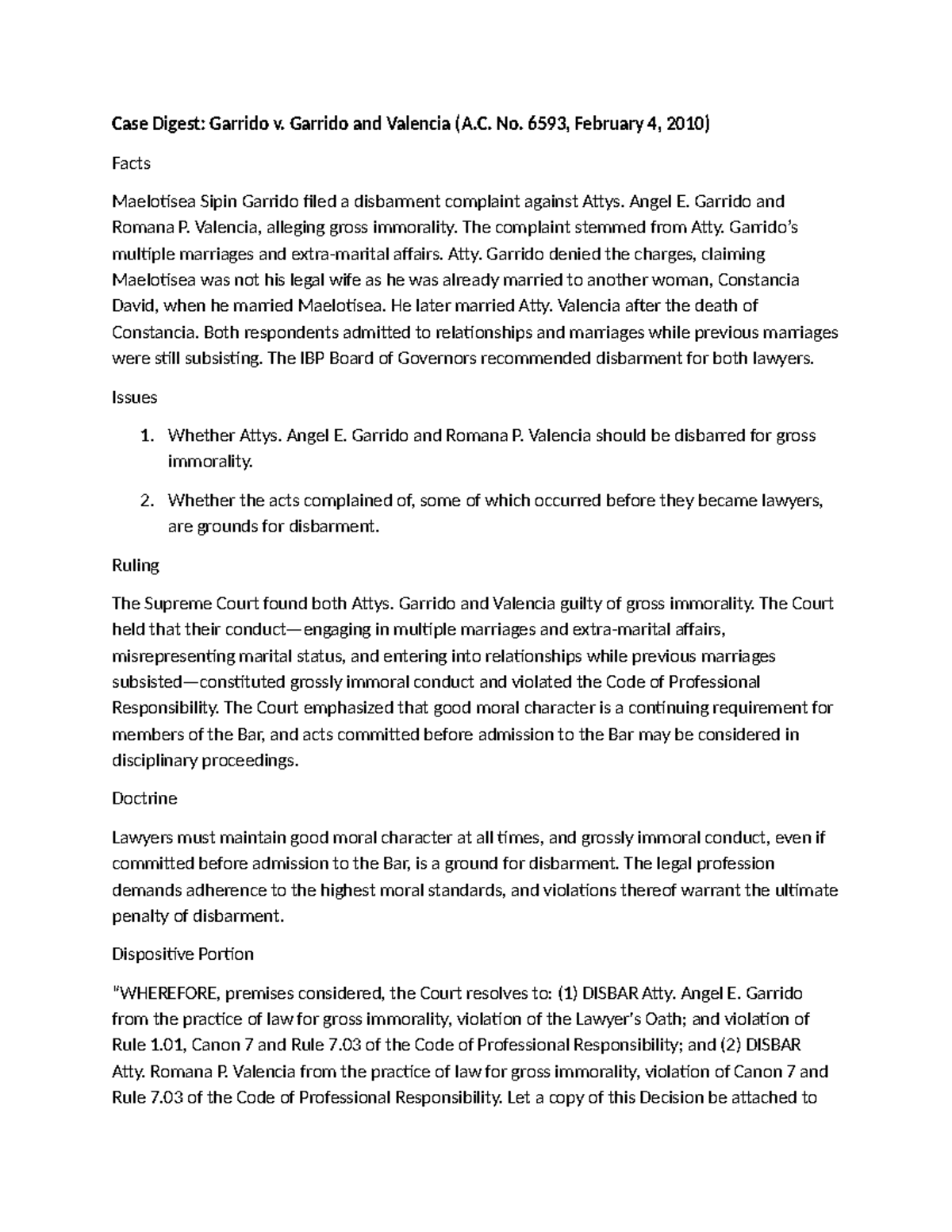 Case Digest: A6 Garrido v. Garrido & Valencia - Disbarment Ruling - Studocu