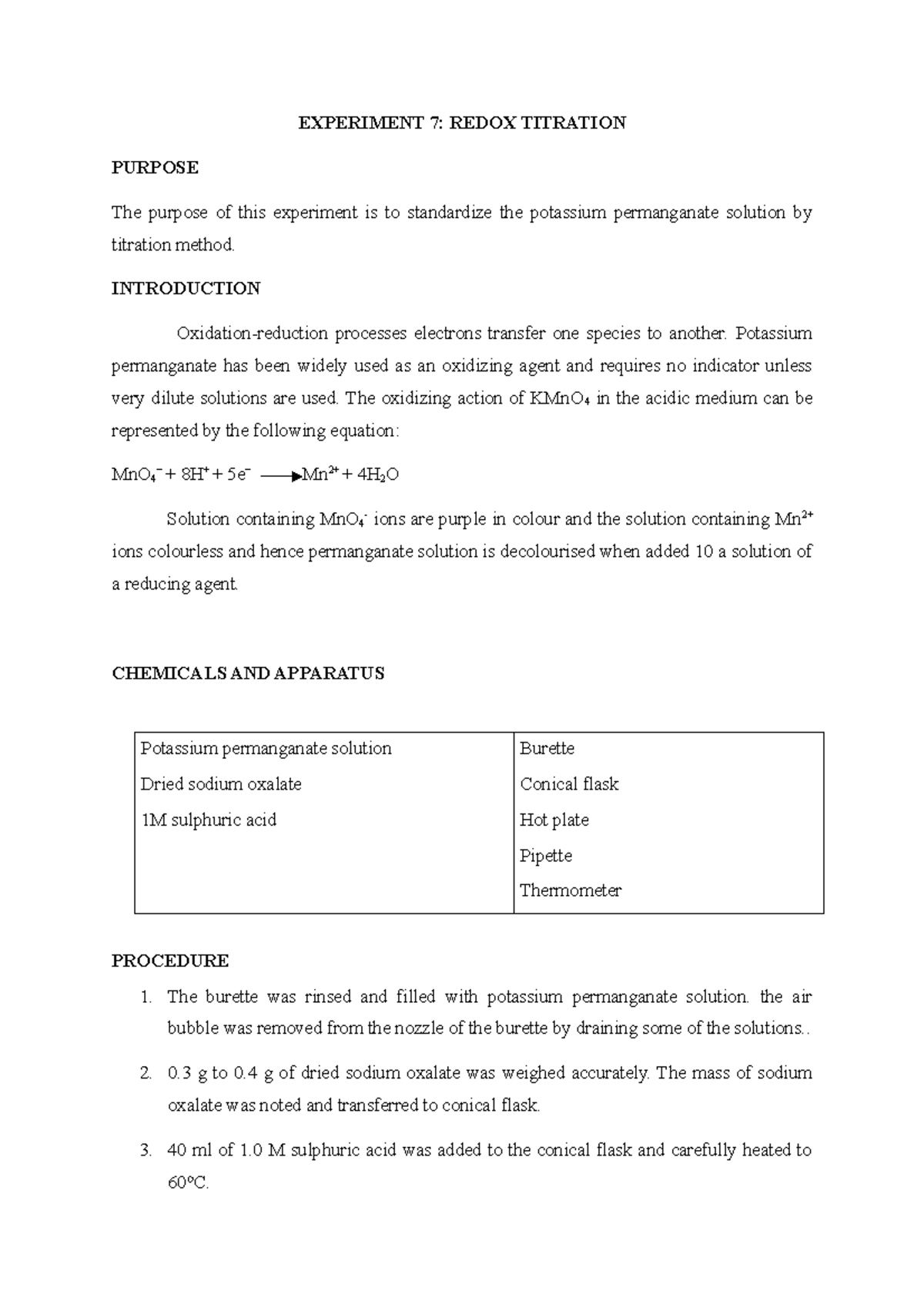 LAB REPORT EXPERIMENTS 7 & 8 GAS LAW AND REDOX TITRATION GENERAL ...
