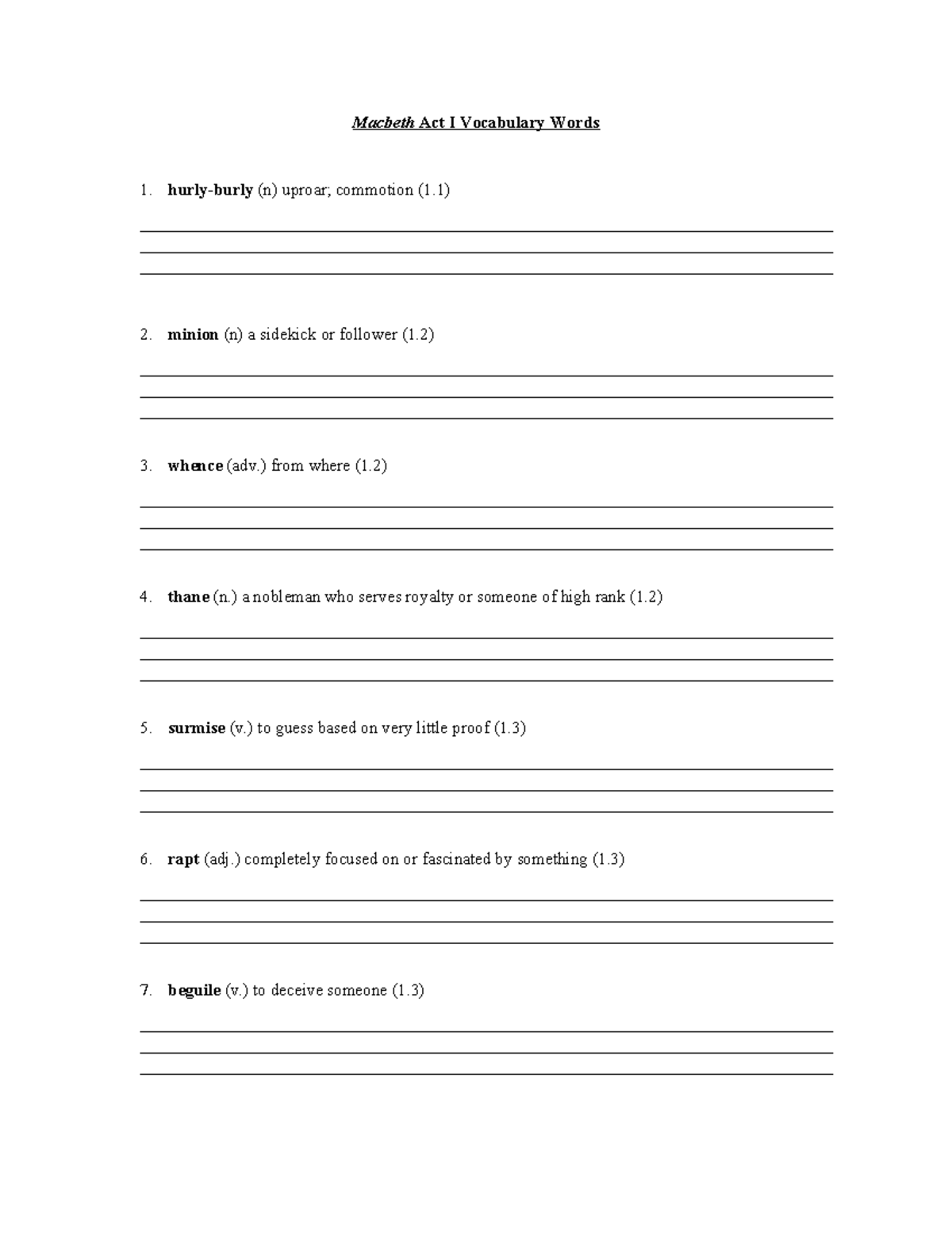 Macbeth (ENG101) Act I Vocabulary List Reformatted - Studocu