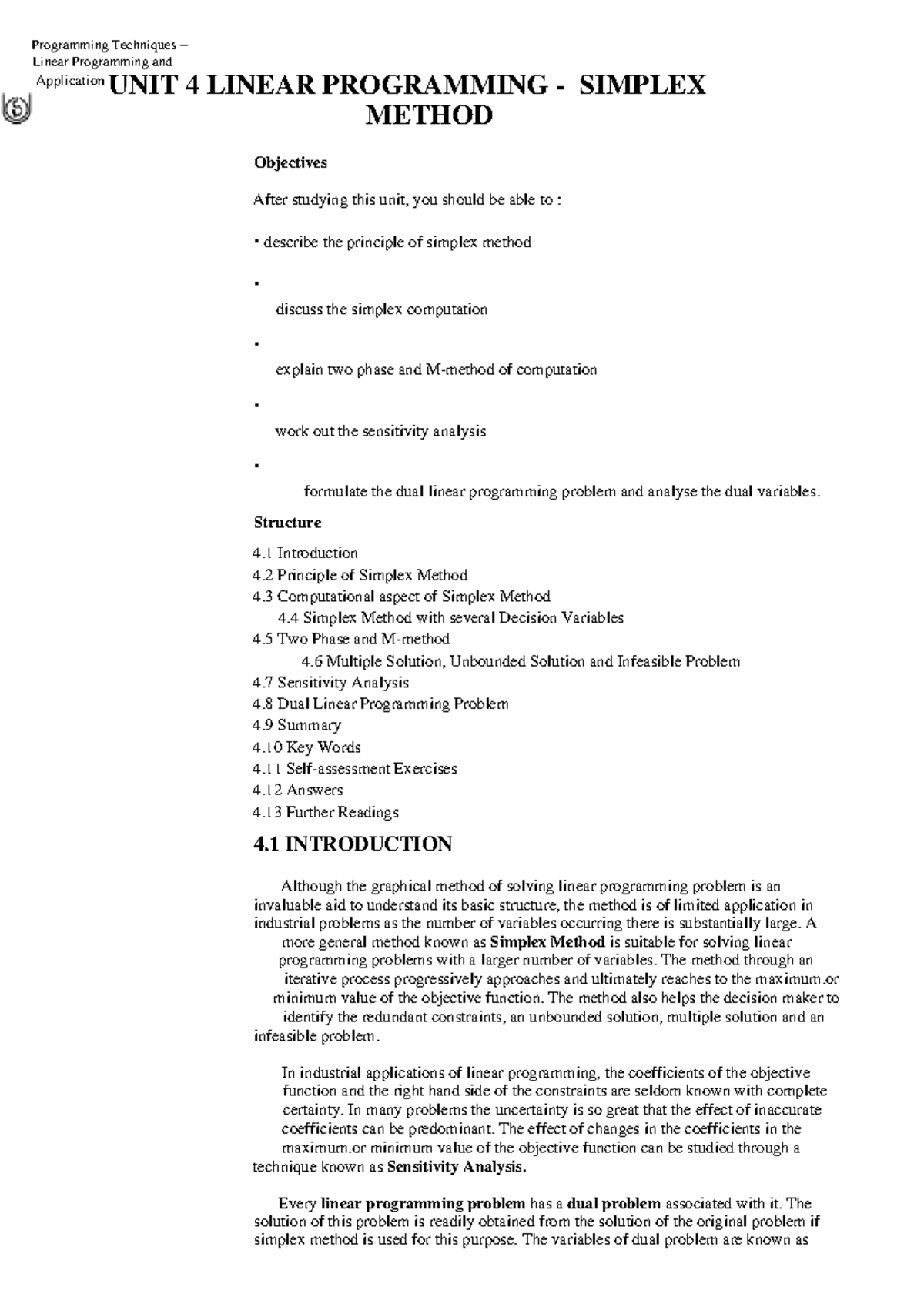 Programming Techniques: Linear Programming Simplex Method (UNIT 4) - Studocu