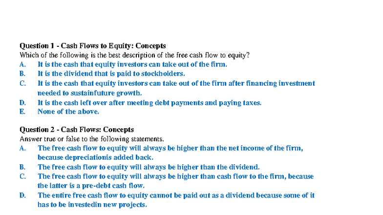 4 DCF Exercises - Cash Flow to Equity Concepts and Calculations - Studocu