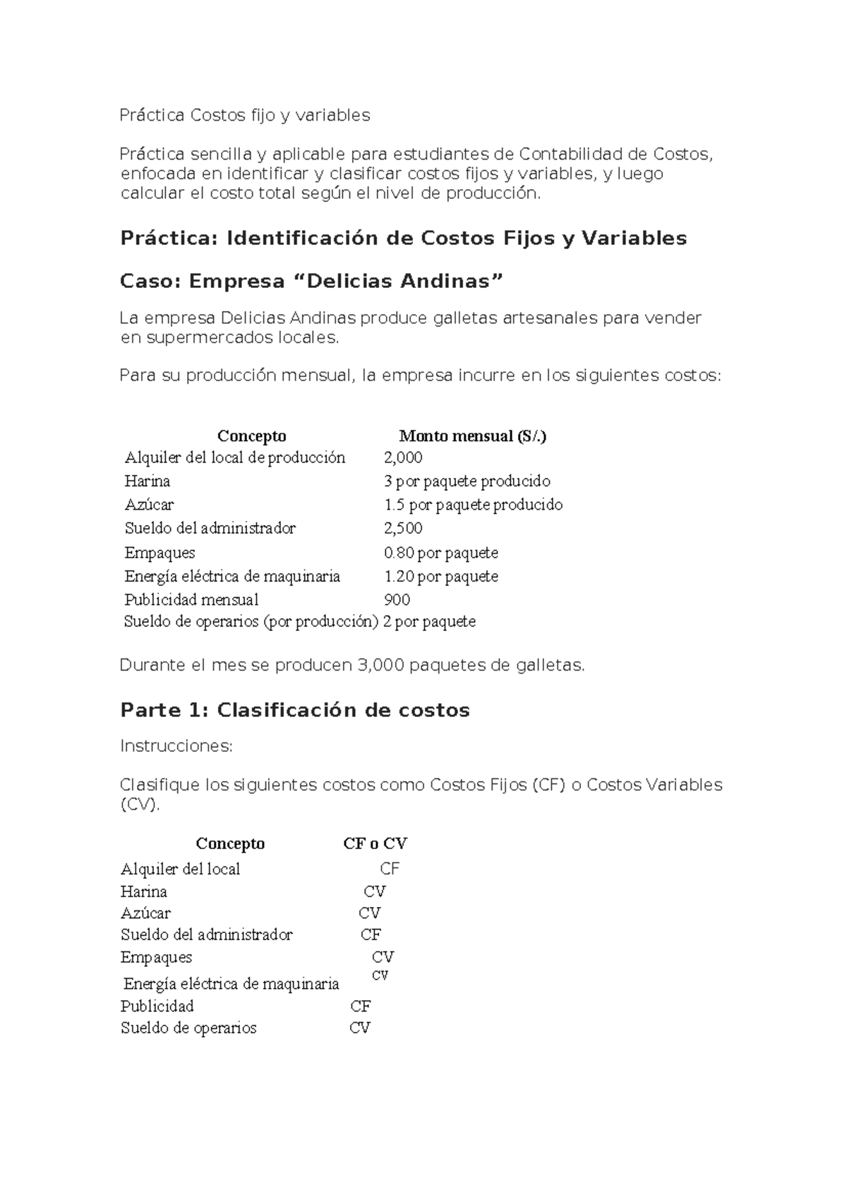Práctica de Costos Fijos y Variables - Contabilidad de Costos - Studocu