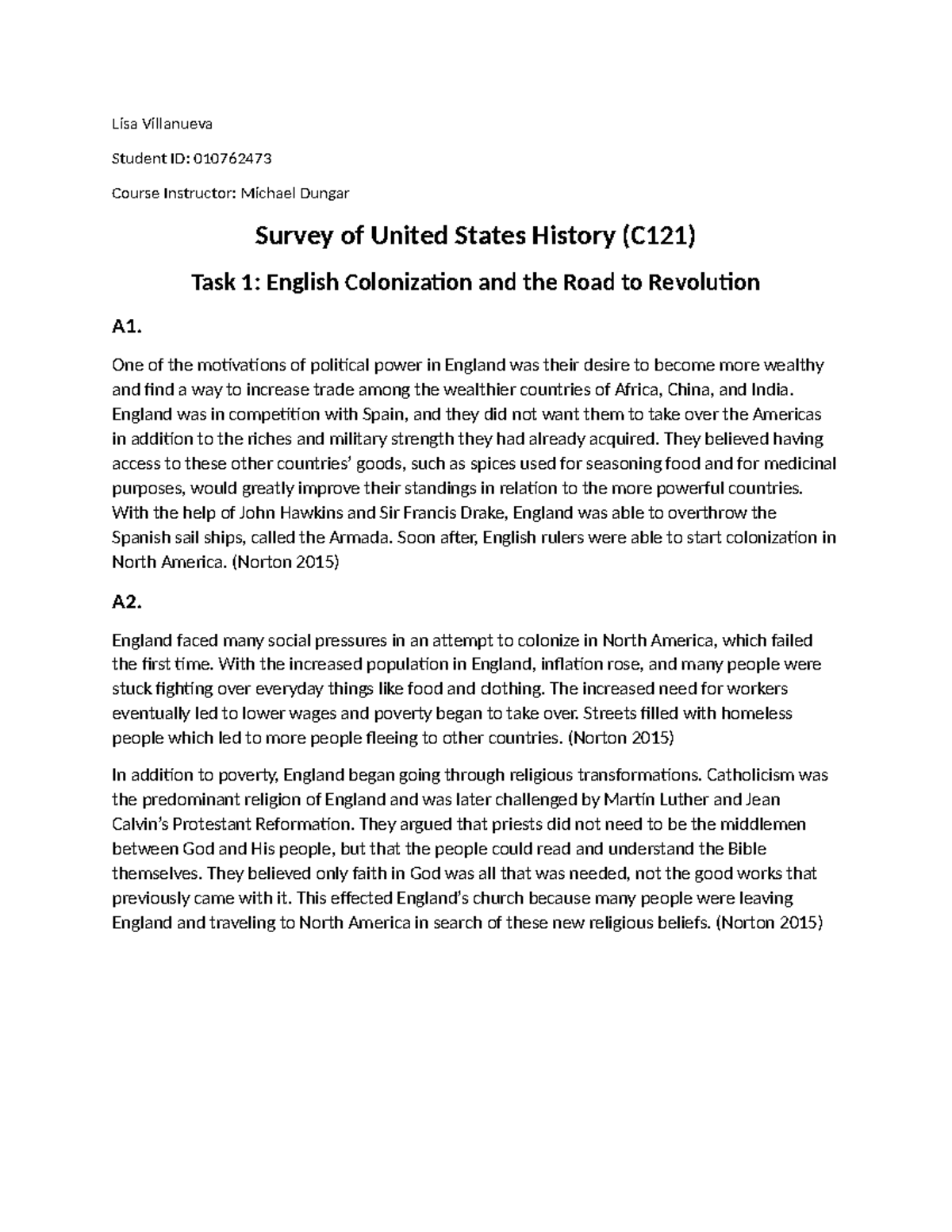 C121 Task 1 - The Impact of English Colonization on American Society ...