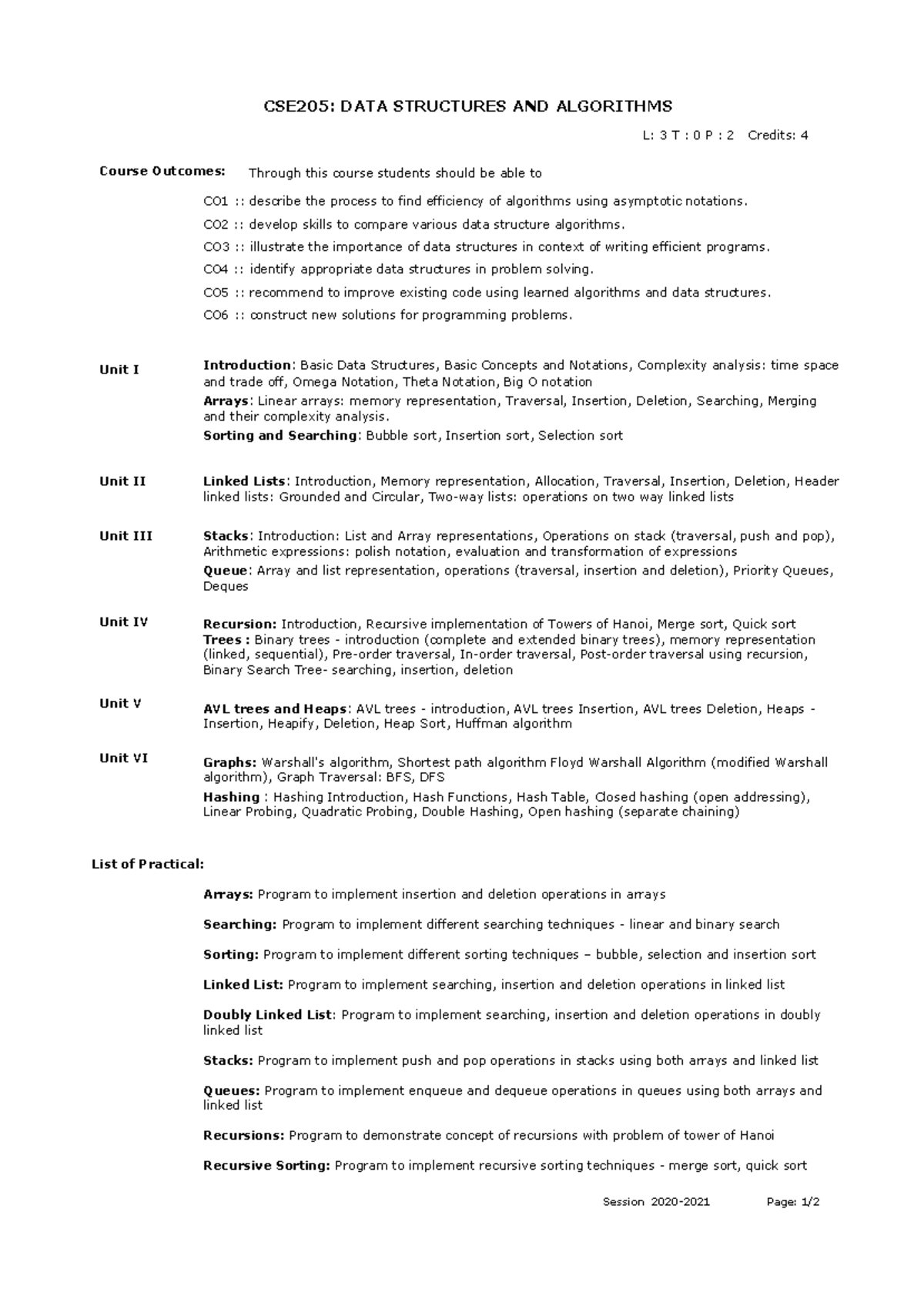 syllabus data structures and algorithms - Data Structures - LPU - Studocu
