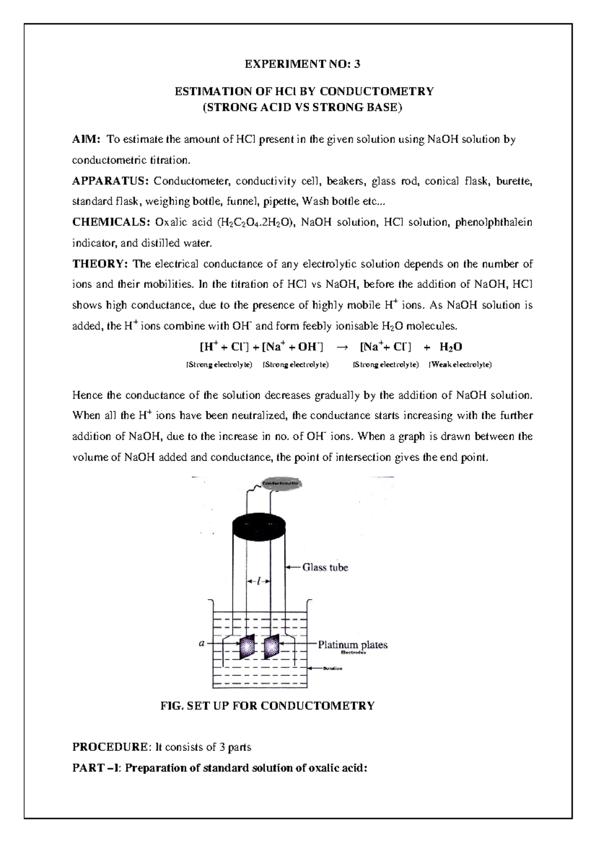 Conductometry Experiment 3: Estimating HCl with NaOH Solution - Studocu