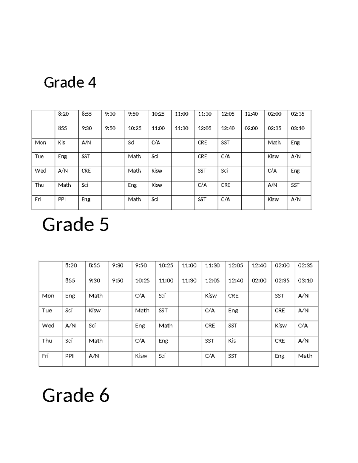 Classroom TT - Timetable for Grades 4 to 9 - Studocu