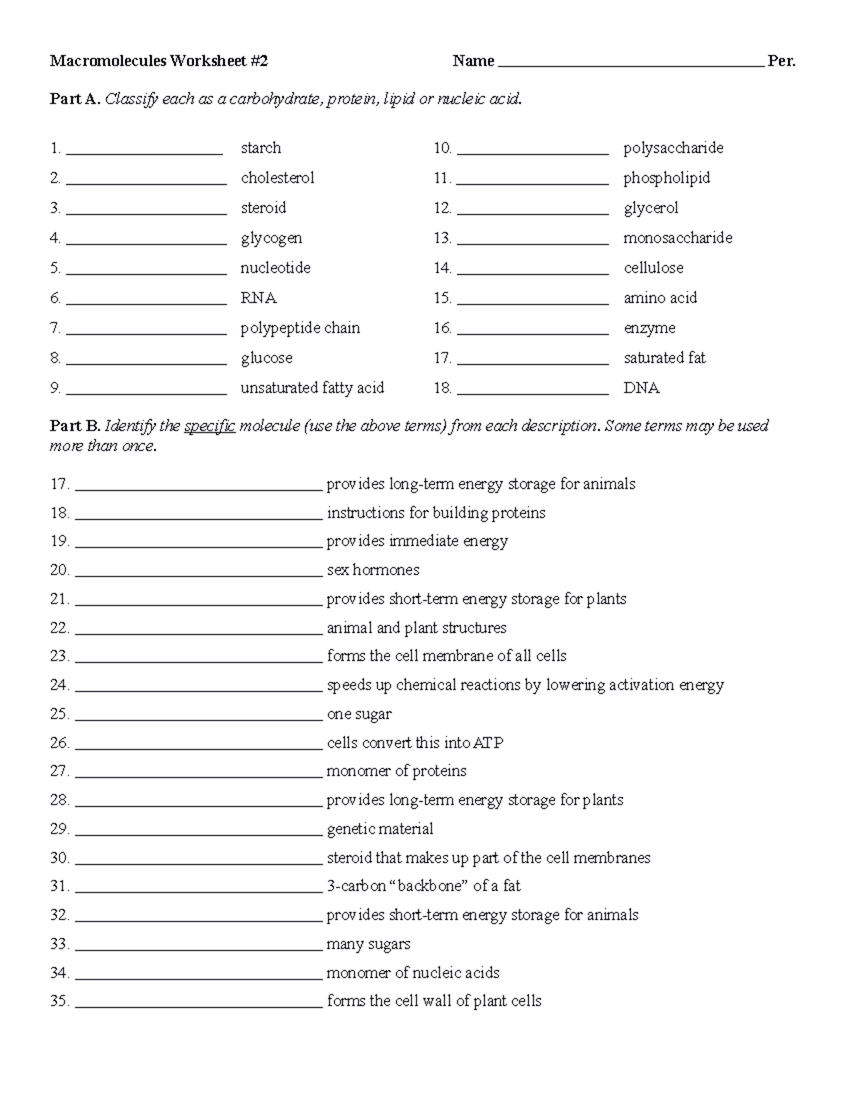 Macromolecules Worksheet #2: Identification & Classification Guide ...