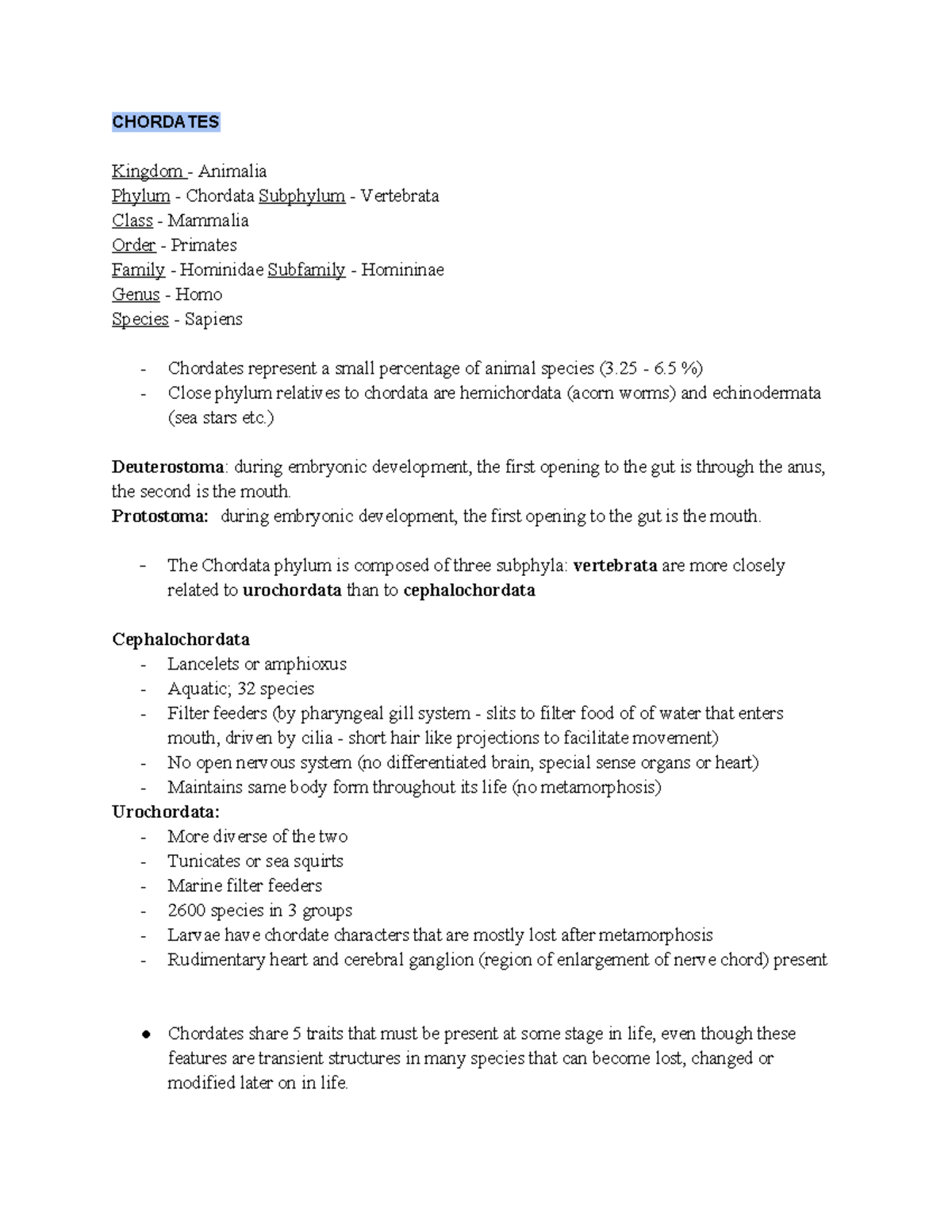 Zoo Notes: CHORDATES Overview and Evolution in Phylum Chordata - Studocu