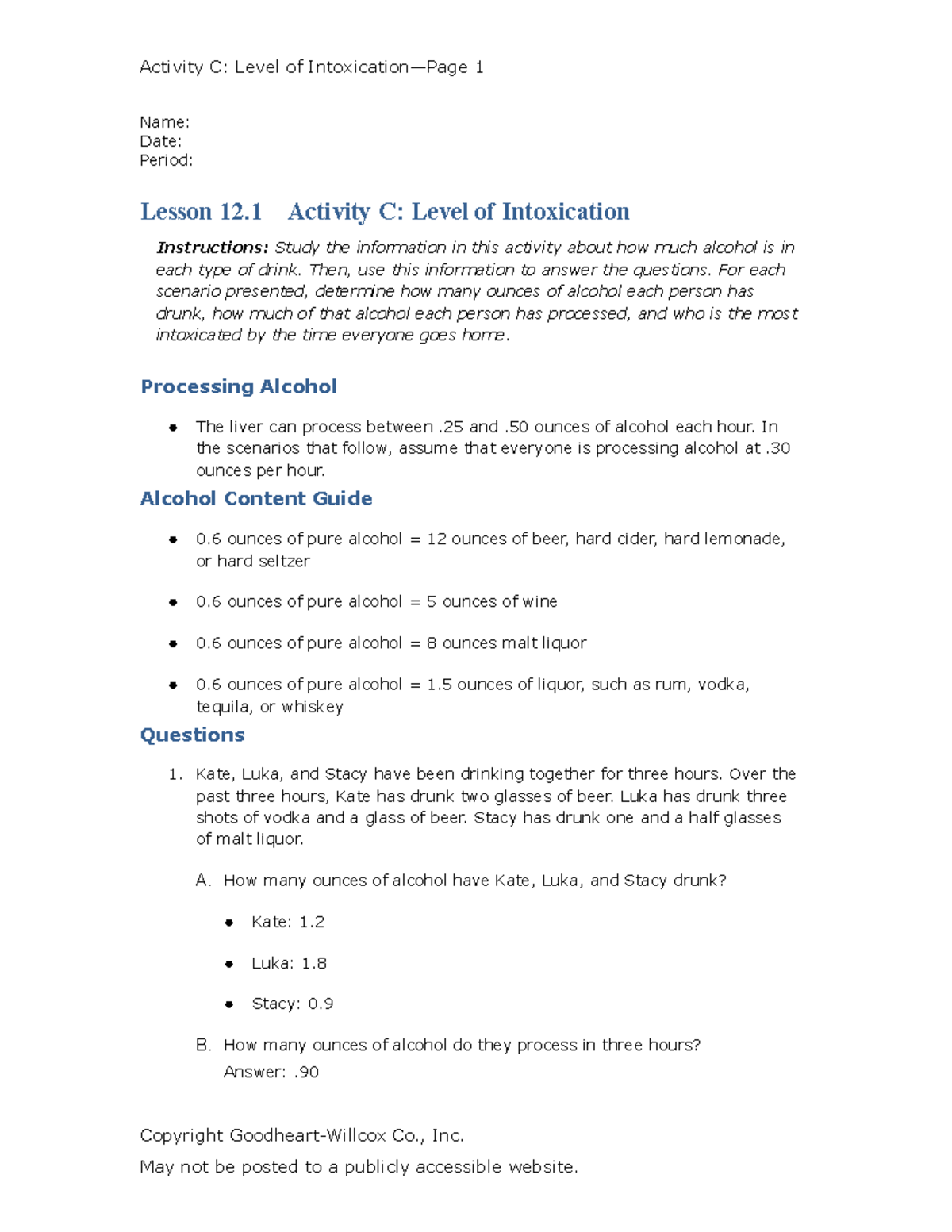 Lesson 12.1: Analyzing Alcohol Intake & Intoxication Levels - Studocu