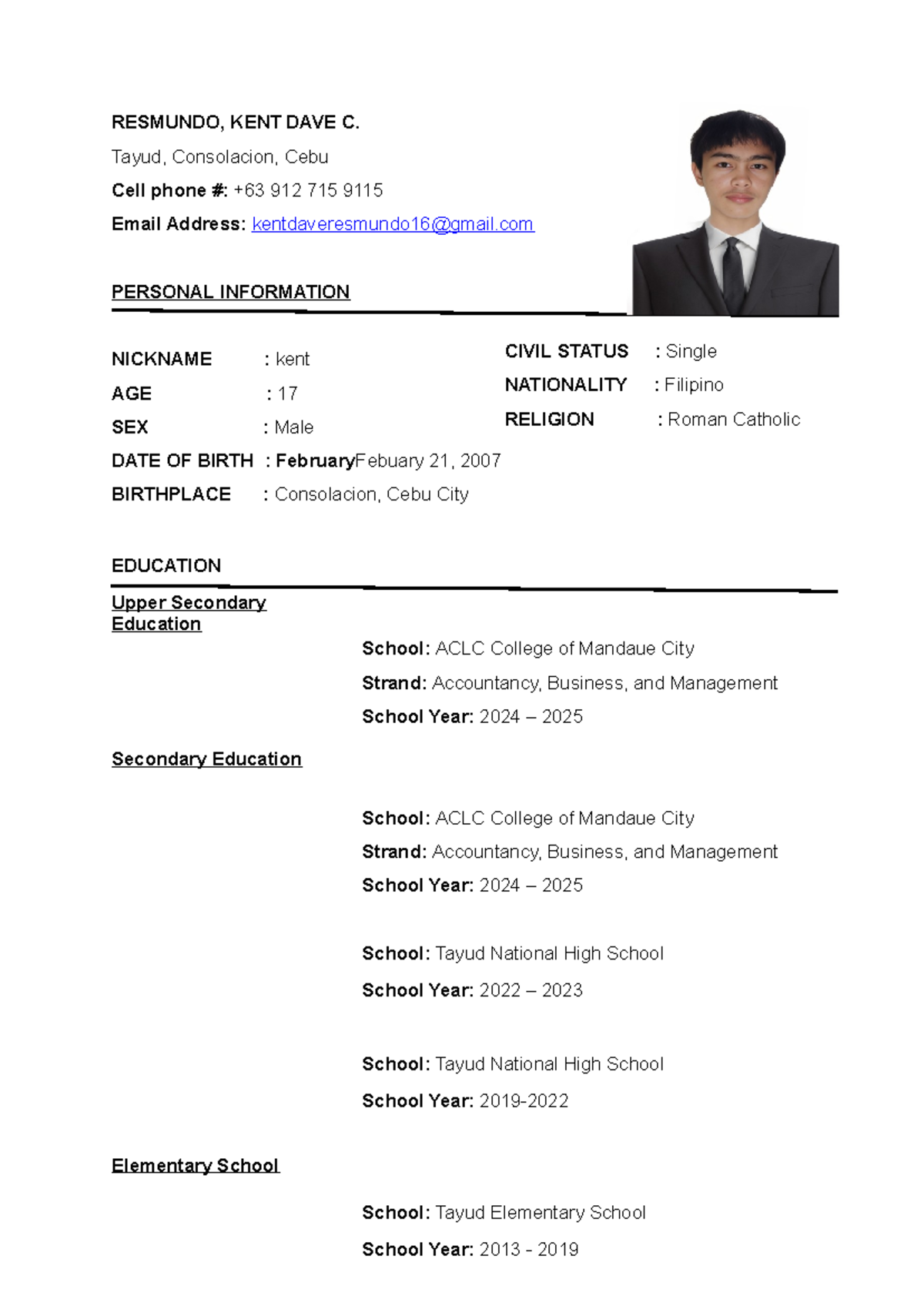 Kent resume - sdasdasd - RESMUNDO, KENT DAVE C. Tayud, Consolacion ...