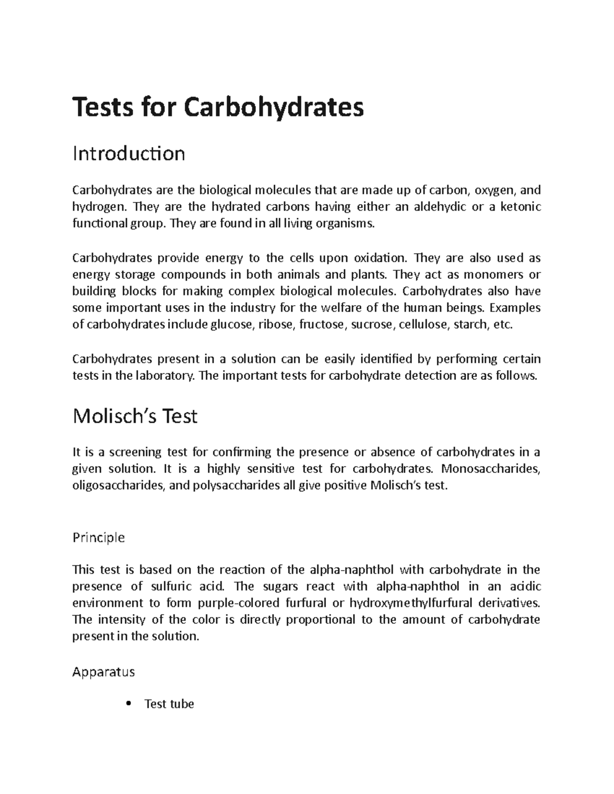 Tests for Carbohydrates: Laboratory Methods and Observations - Studocu