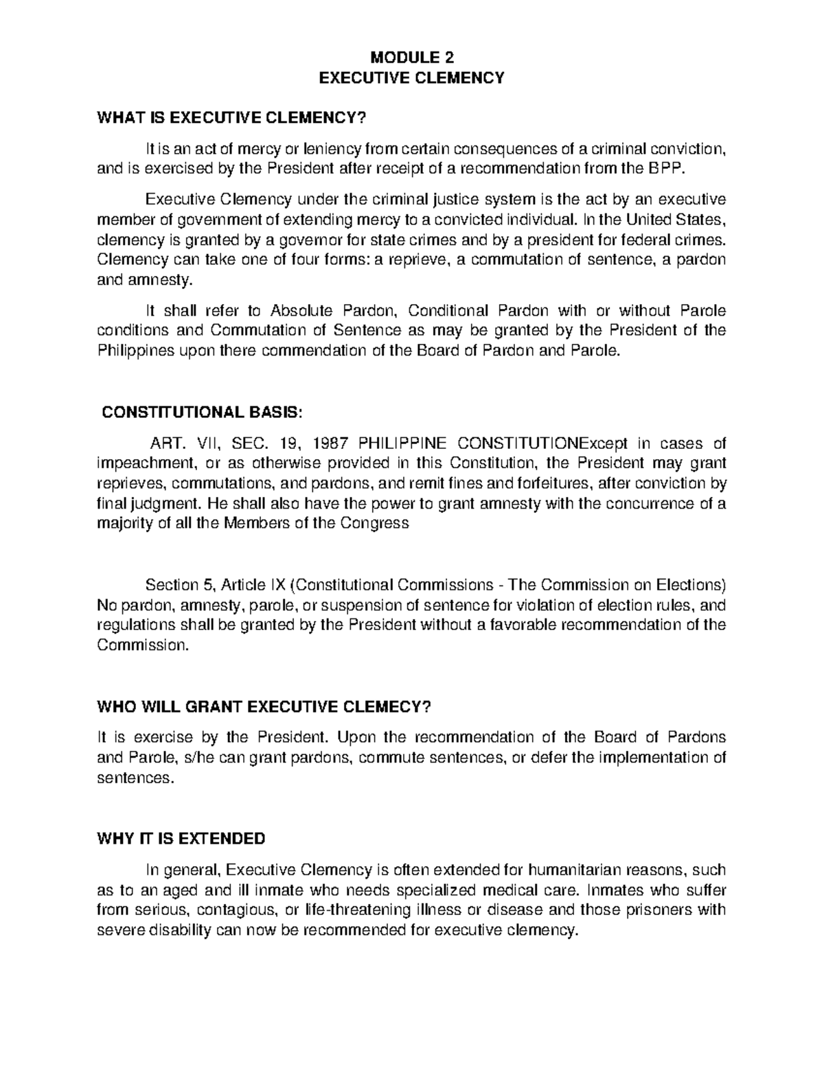 Module 2 Lesson 1 - Good to learn - MODULE 2 EXECUTIVE CLEMENCY WHAT IS ...