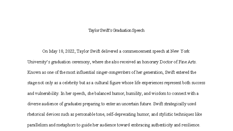 Taylor Swift's Commencement Speech Analysis - Essay - Studocu