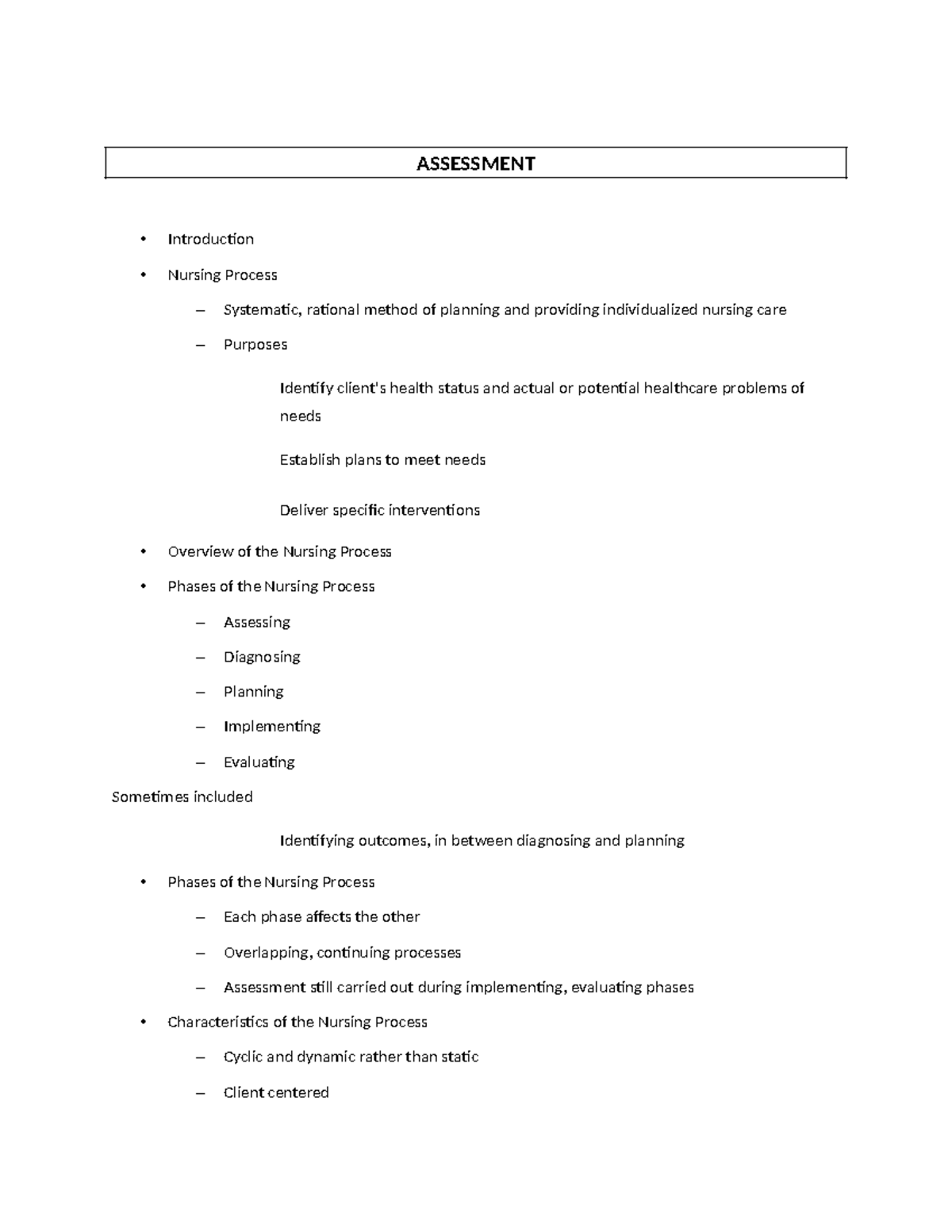 Assessment - ASSESSMENT Introduction Nursing Process Systematic ...