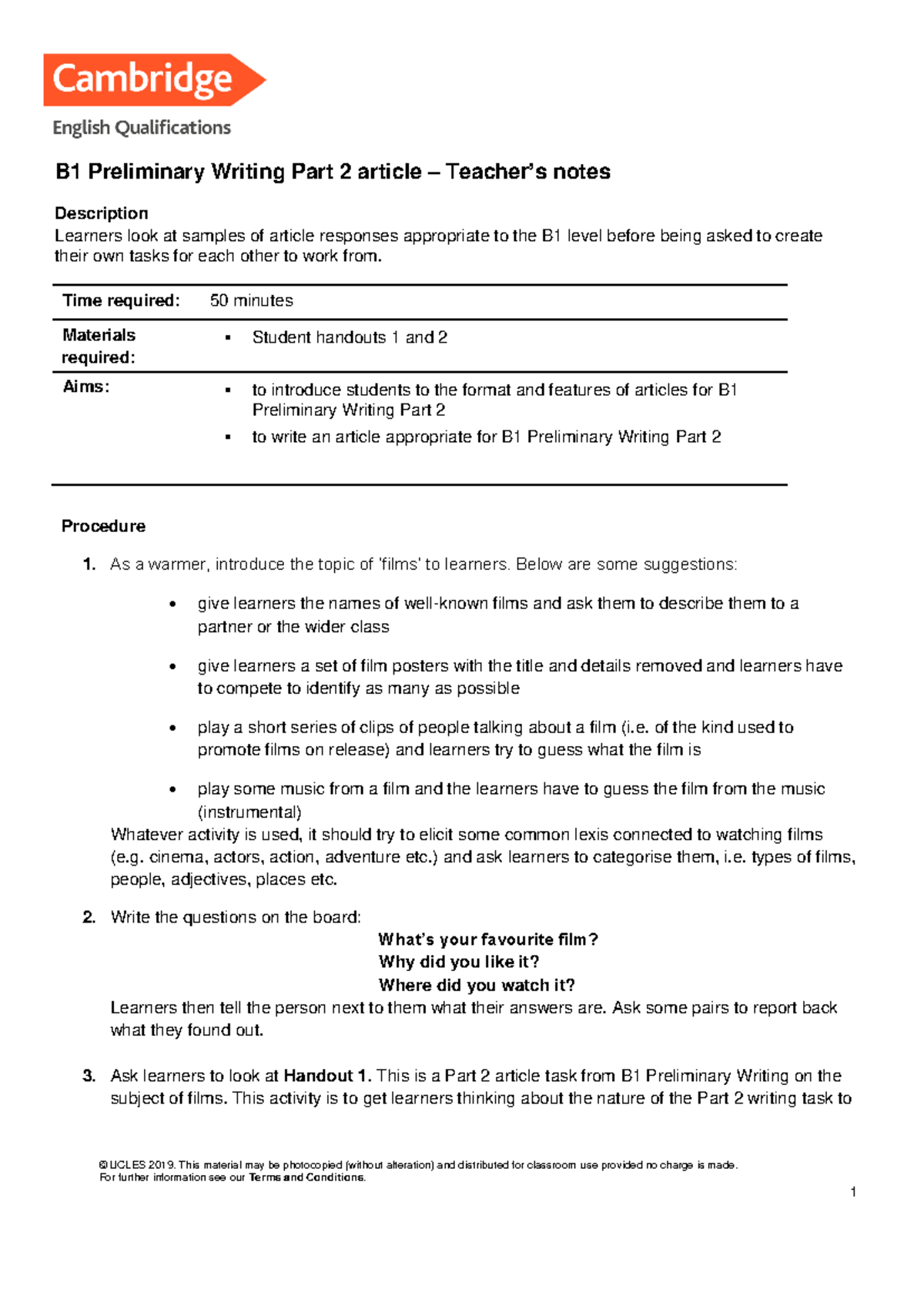 B1 Preliminary Writing Part 2: Article Preparation and Strategies - Studocu