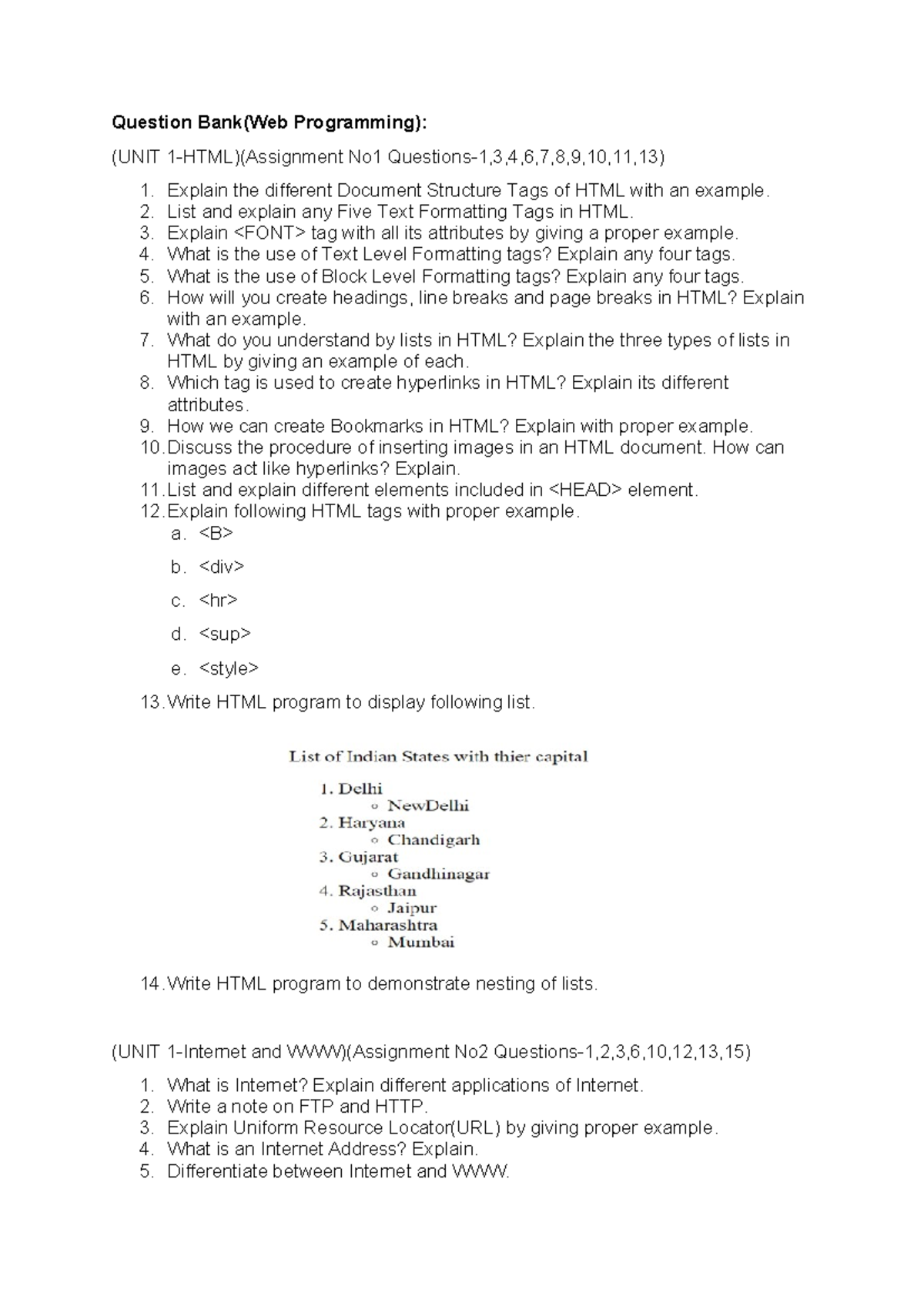 WP Question Bank - Question Bank(Web Programming): (UNIT 1-HTML)(Assignment No1 - Studocu