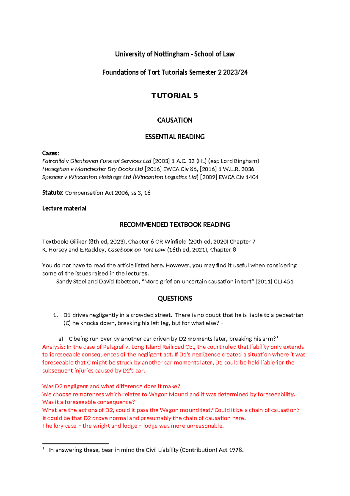 Foundations of Tort Tutorials - Semester 2 2023: Causation Insights - Studocu