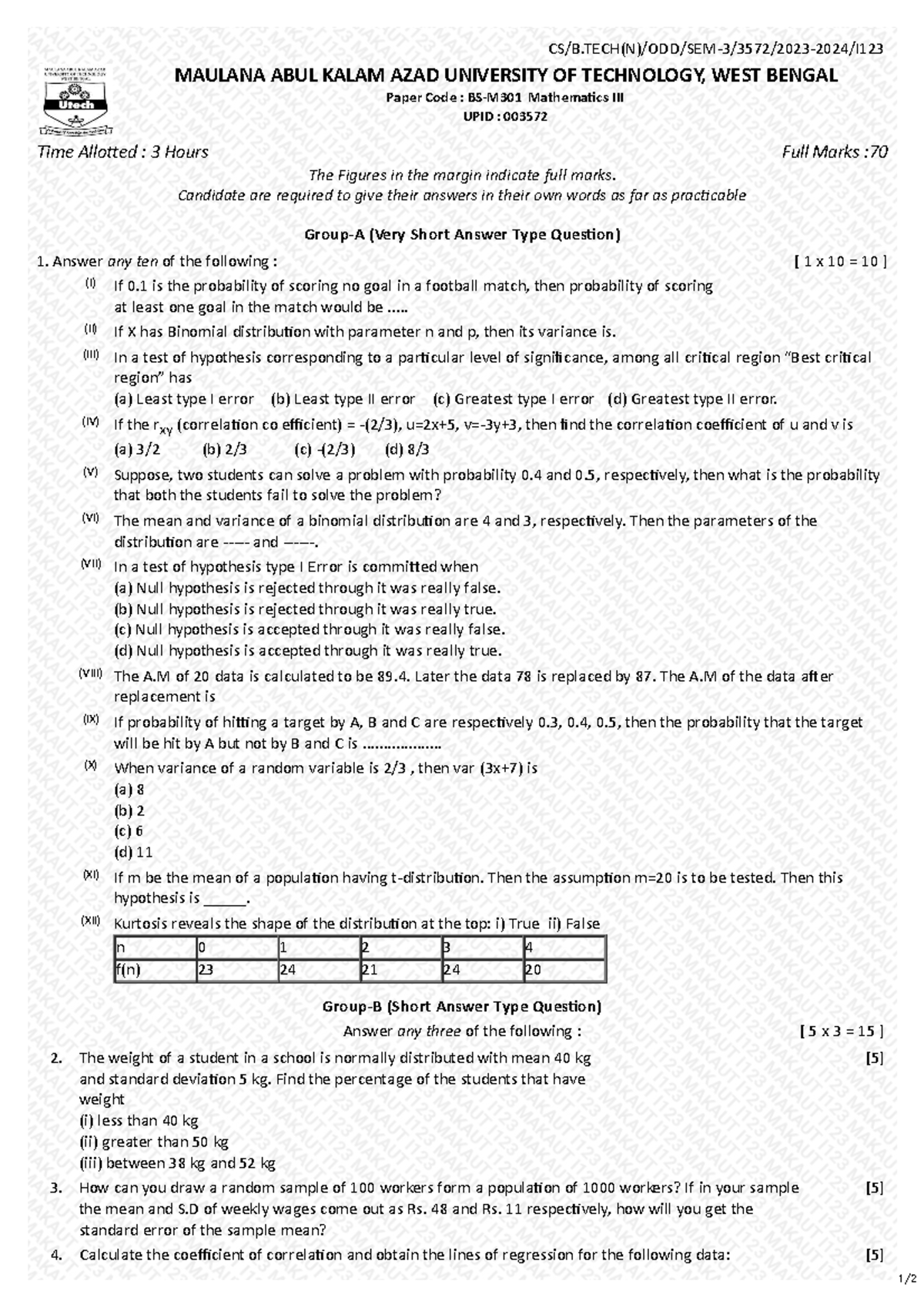 Math-2024: Very Short Answer & Short Answer Questions - Studocu