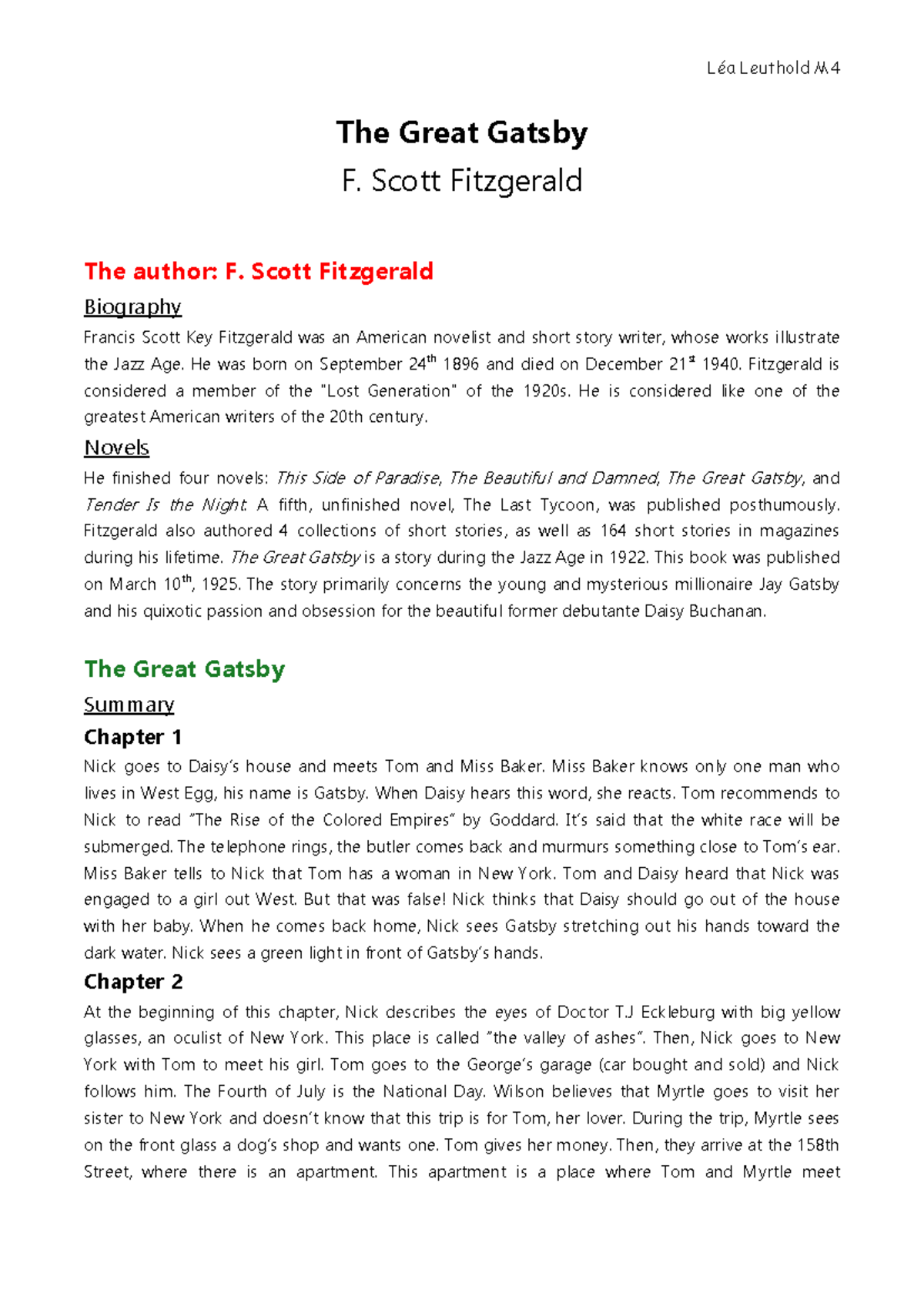 The Great Gatsby EXAM - summary - The Great Gatsby F. Scott Fitzgerald ...