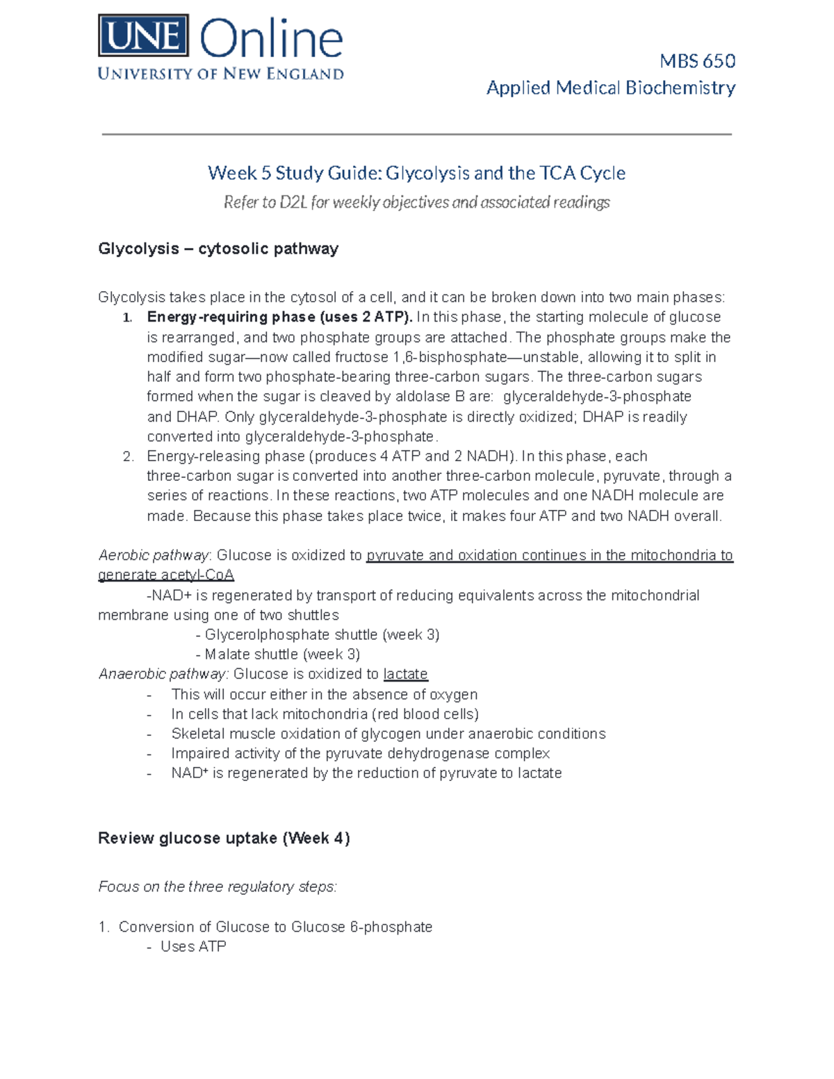 Week 5 Study Guide: Glycolysis & TCA Cycle Overview - MBS 650 - Studocu