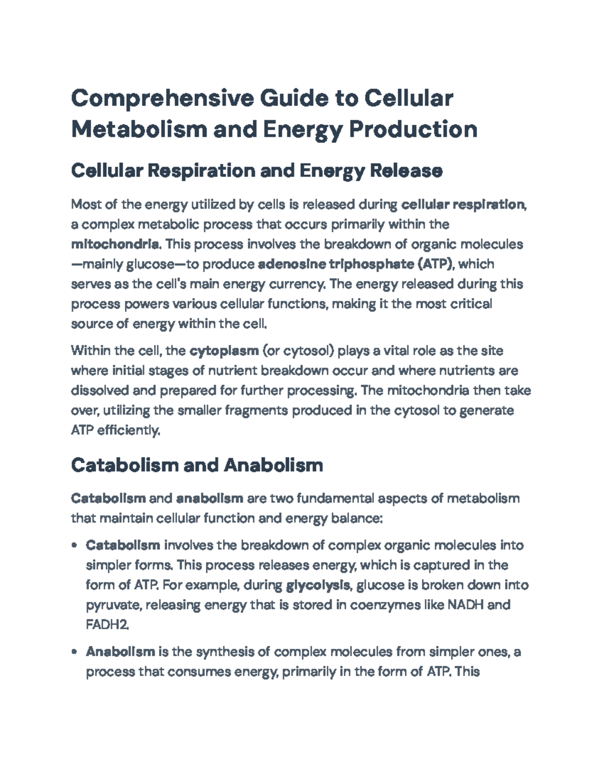 Comprehensive Study of Cellular Metabolism & Energy Production (BIO 101 ...
