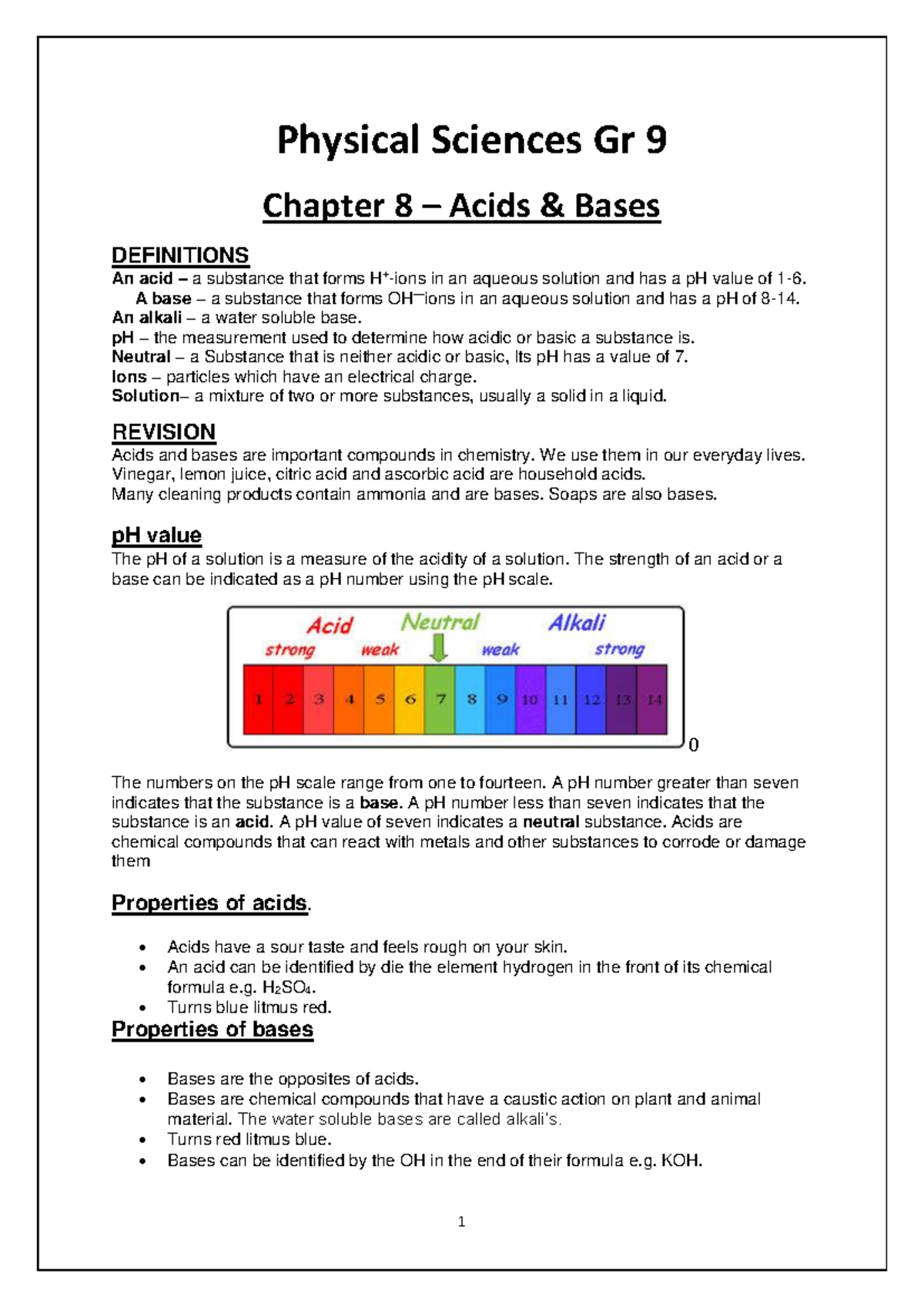 Gr 9 Physical Sciences: Acids & Bases Chapter Notes - Studocu