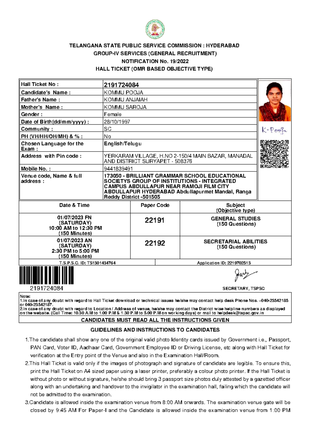 TSPSC Hall Ticket No. 2191724084 for General Recruitment Exam - Studocu