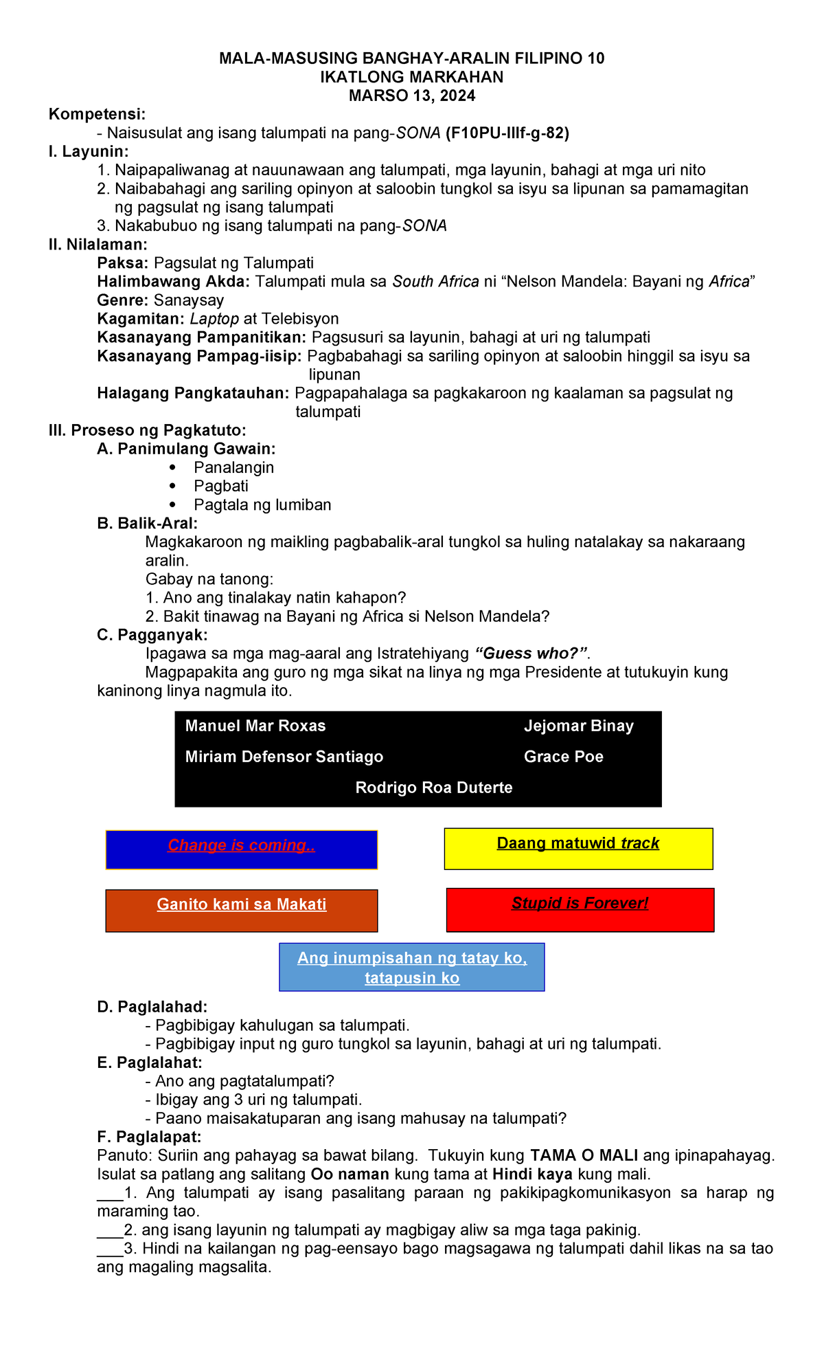 Filipino 10 - 4th Week Lesson Plan on Writing a SONA Speech - Studocu