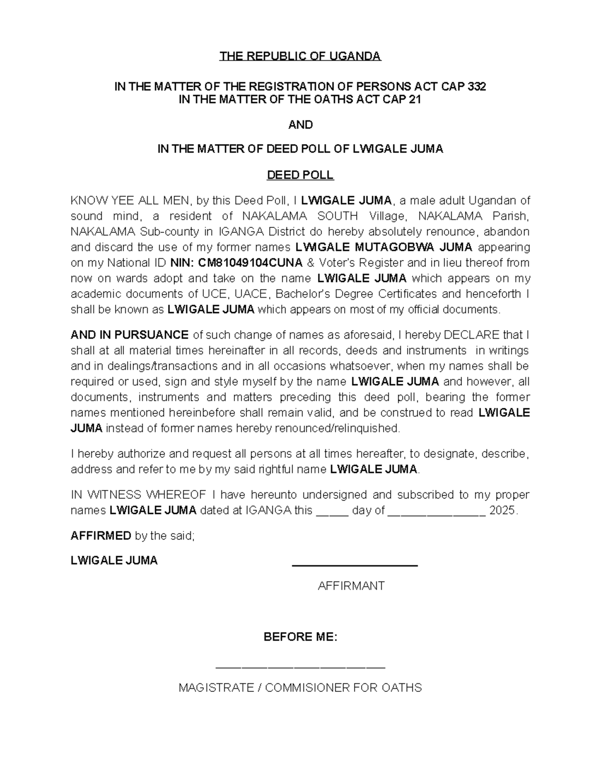 Deed Poll for Name Change: Lwigale Juma - Uganda Legal Document - Studocu