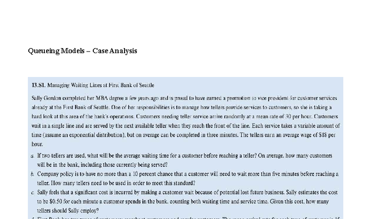 Queueing Models Case Study 13.S1: Managing Waiting Lines at First Bank ...