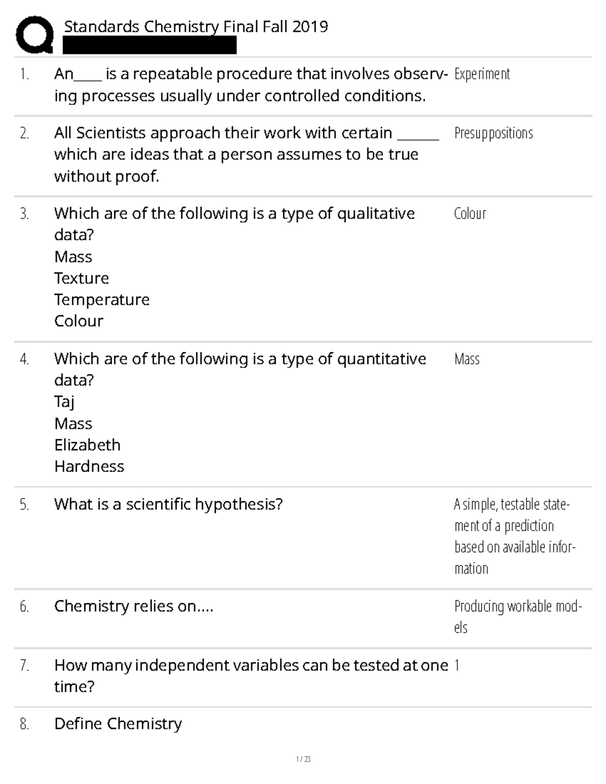 Standards Chemistry Final Exam Study Guide - Fall 2019 - Studocu