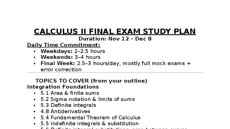 Calculus II (MATH 202) Final Exam Study Plan and Schedule - Studocu