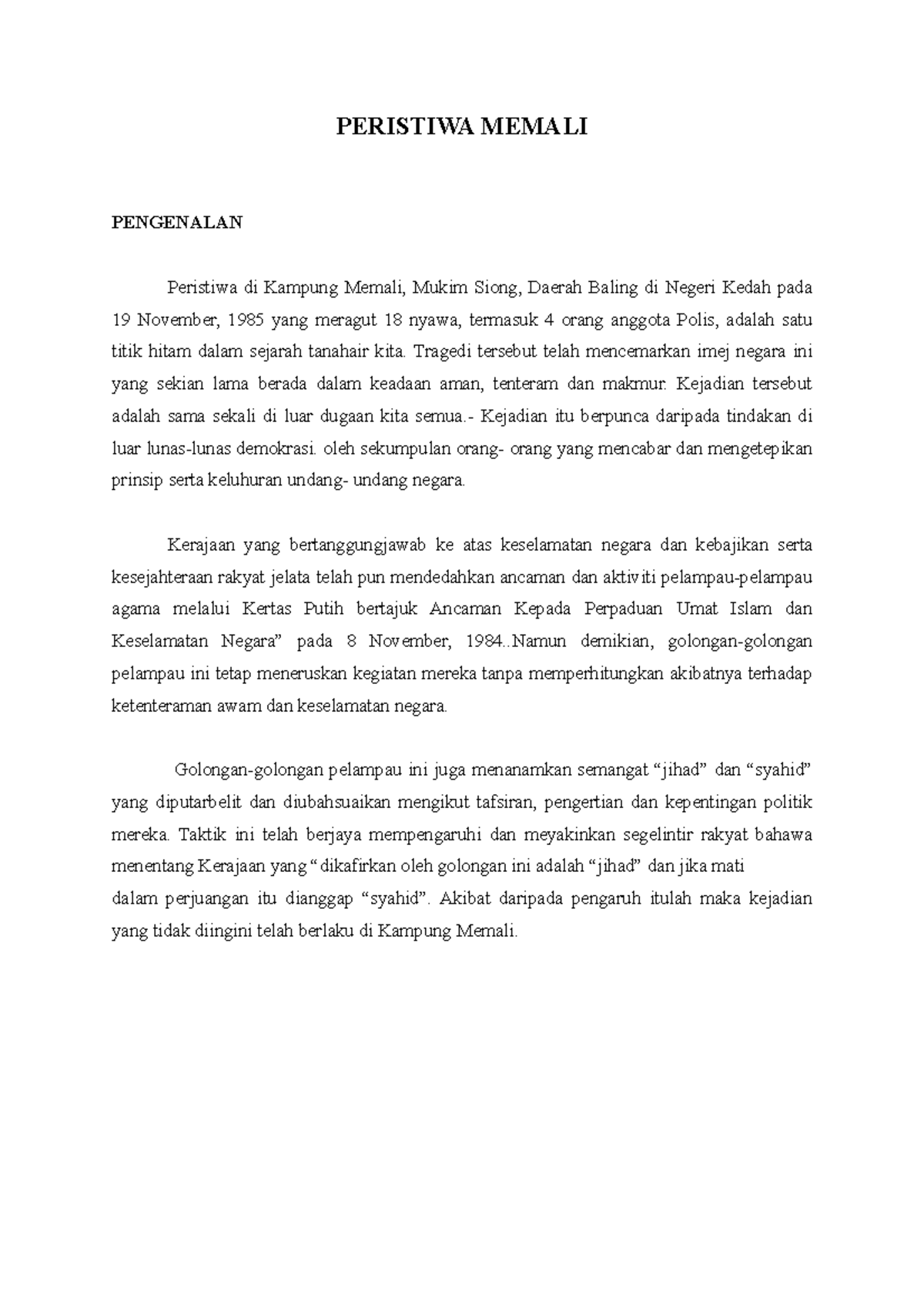 Peristiwa Memali 1985: Tragedi dan Implikasi Keselamatan Negara - Studocu