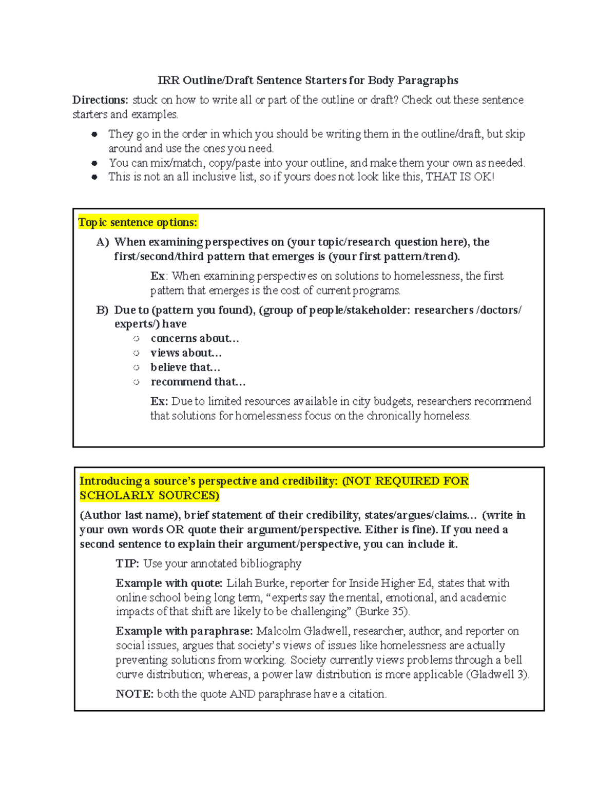 IRR Sentence Starters for Body Paragraphs Outline Draft - Studocu