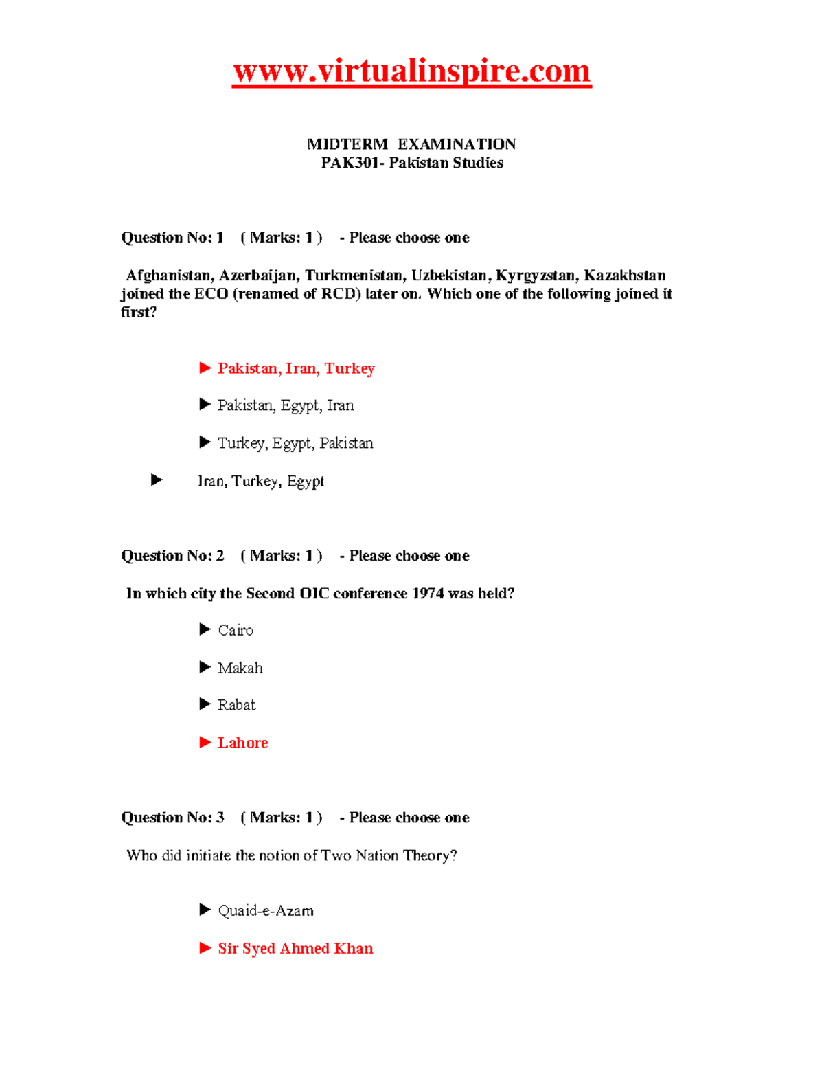PAK301-Midterm Exam Paper with Latest Questions and Answers - Studocu