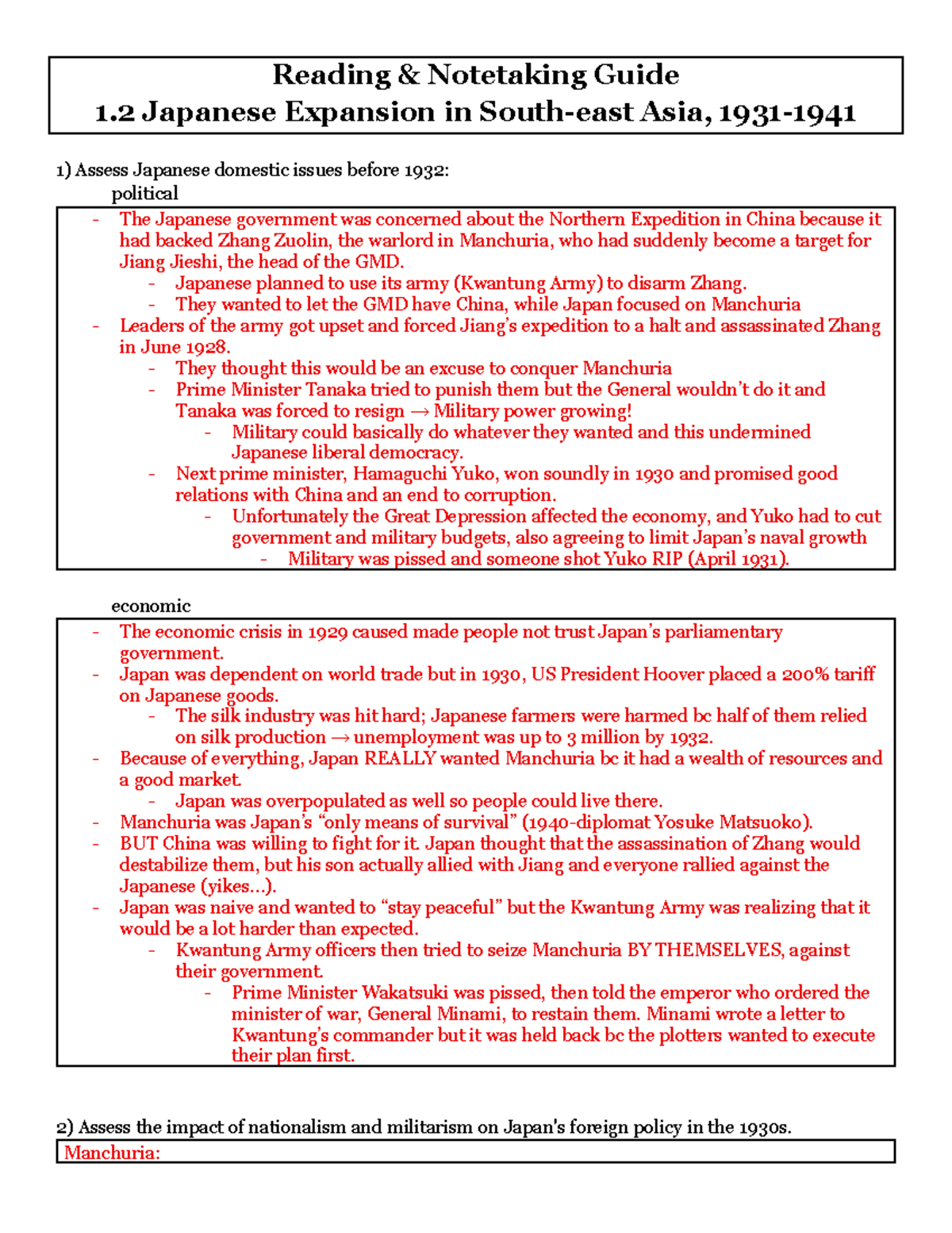Japanese Expansion and Foreign Policy in Manchuria (IB 1.3 Notes) - Studocu