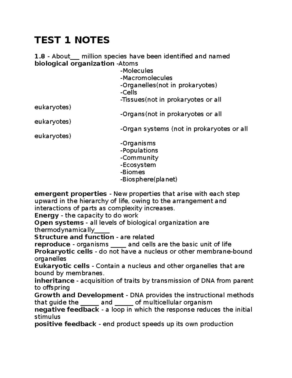 Test 1 Notes for BIOL 1201 at LSU: Key Concepts & Definitions - Studocu