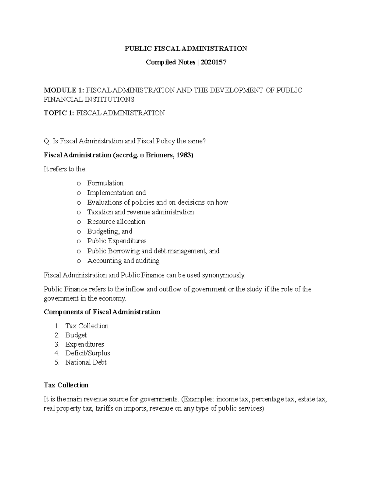 2020157 Public Fiscal Administration Study Notes & Insights - Studocu