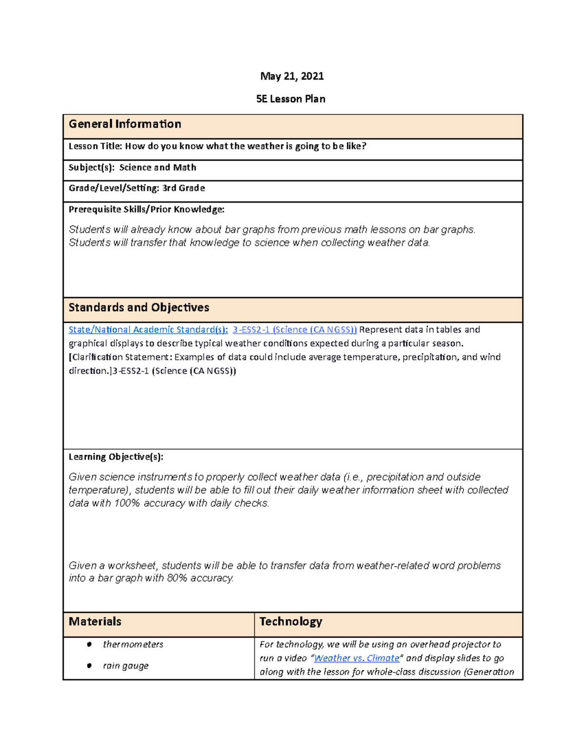5E Lesson Plan - Understanding Weather Data Collection for 3rd Grade ...