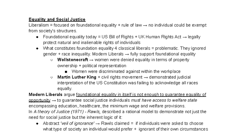 Liberalism: Equality and Social Justice in Modern Contexts - Studocu