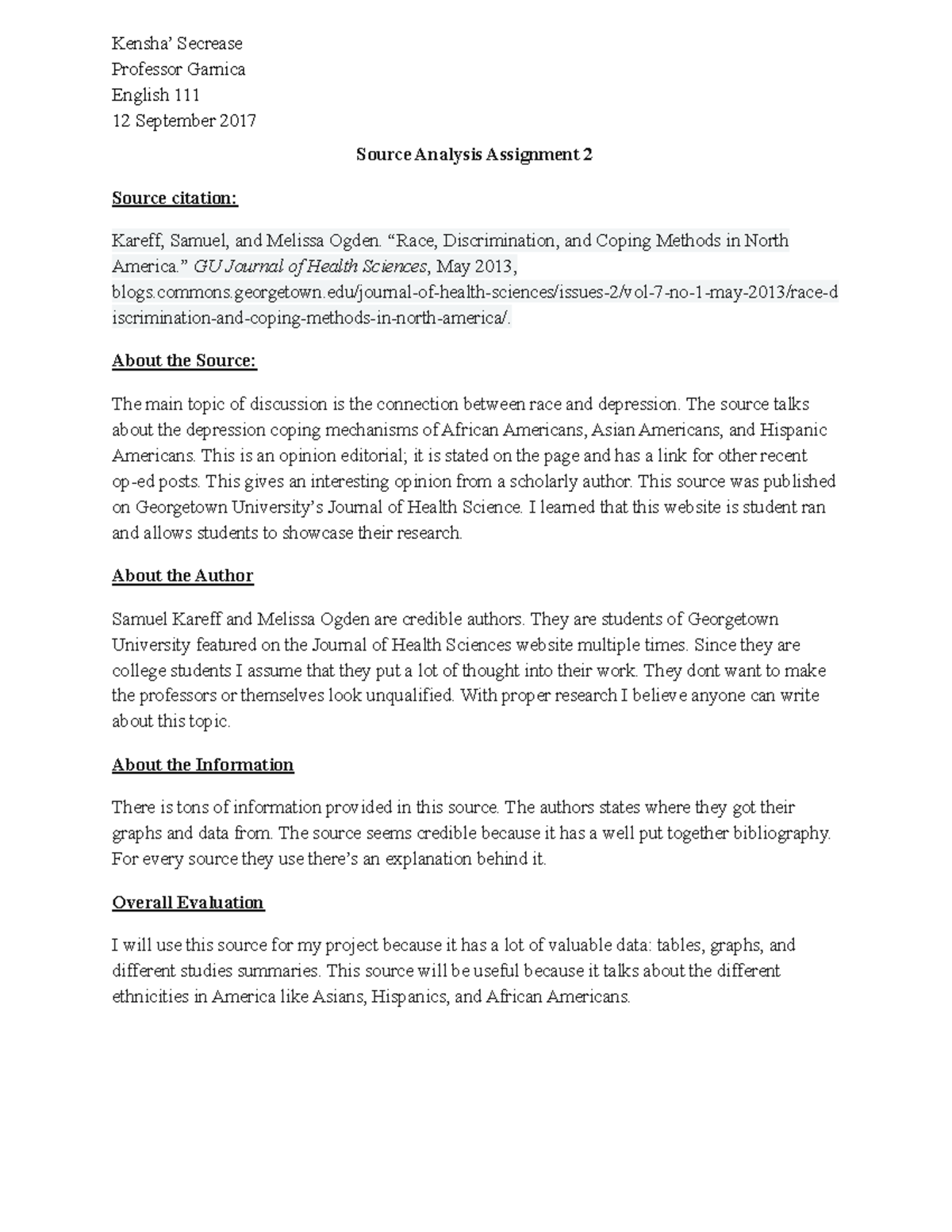Source Analysis Assignment 2 - Kensha’ Secrease Professor Garnica English 111 12 September 2017 ...