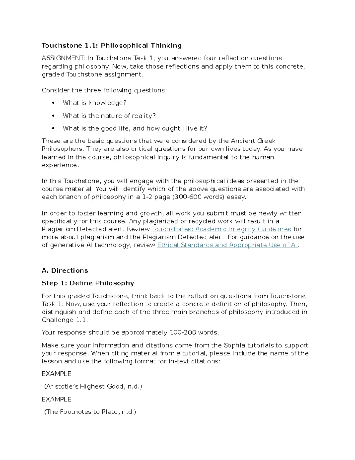 Touchstone 1.1: Graded Essay on Philosophical Thinking and Inquiry ...