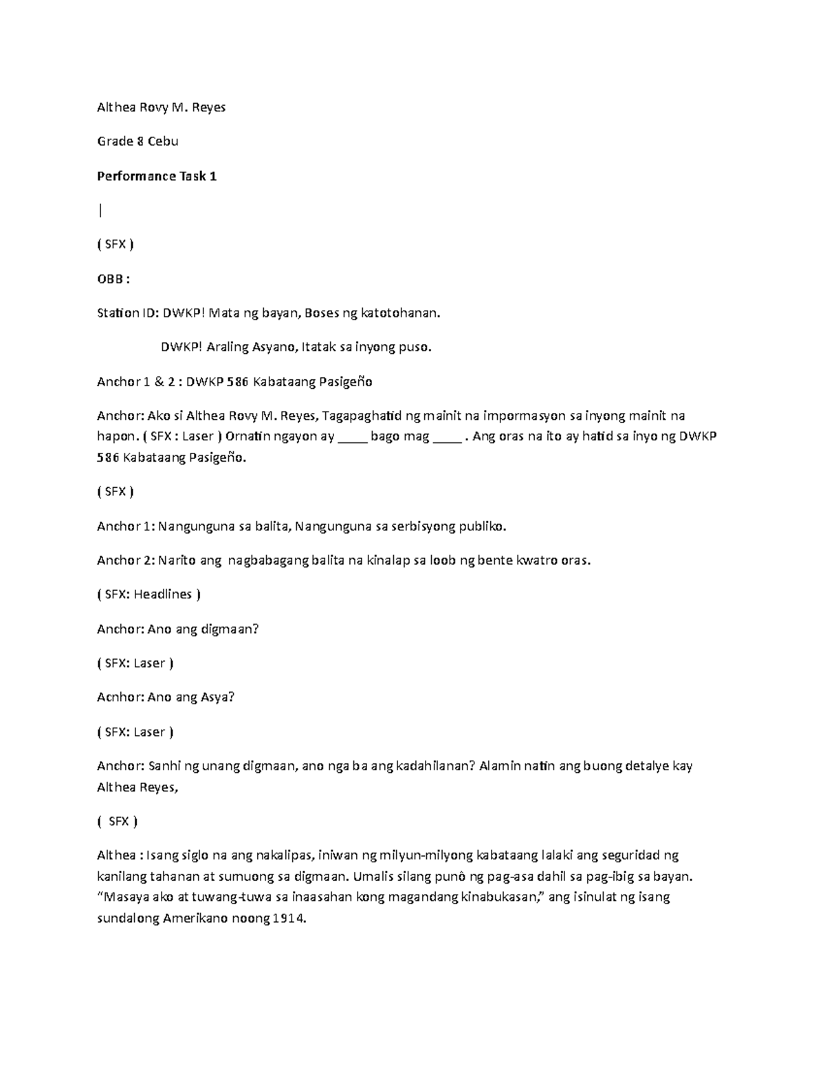 Performance Task 1 on Radio Broadcasting: DWKP 586 Segment Script - Studocu