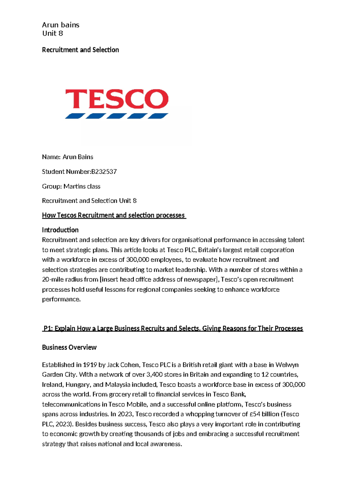 Unit 8 Recruitment and Selection Strategies at Tesco PLC: An Analysis ...